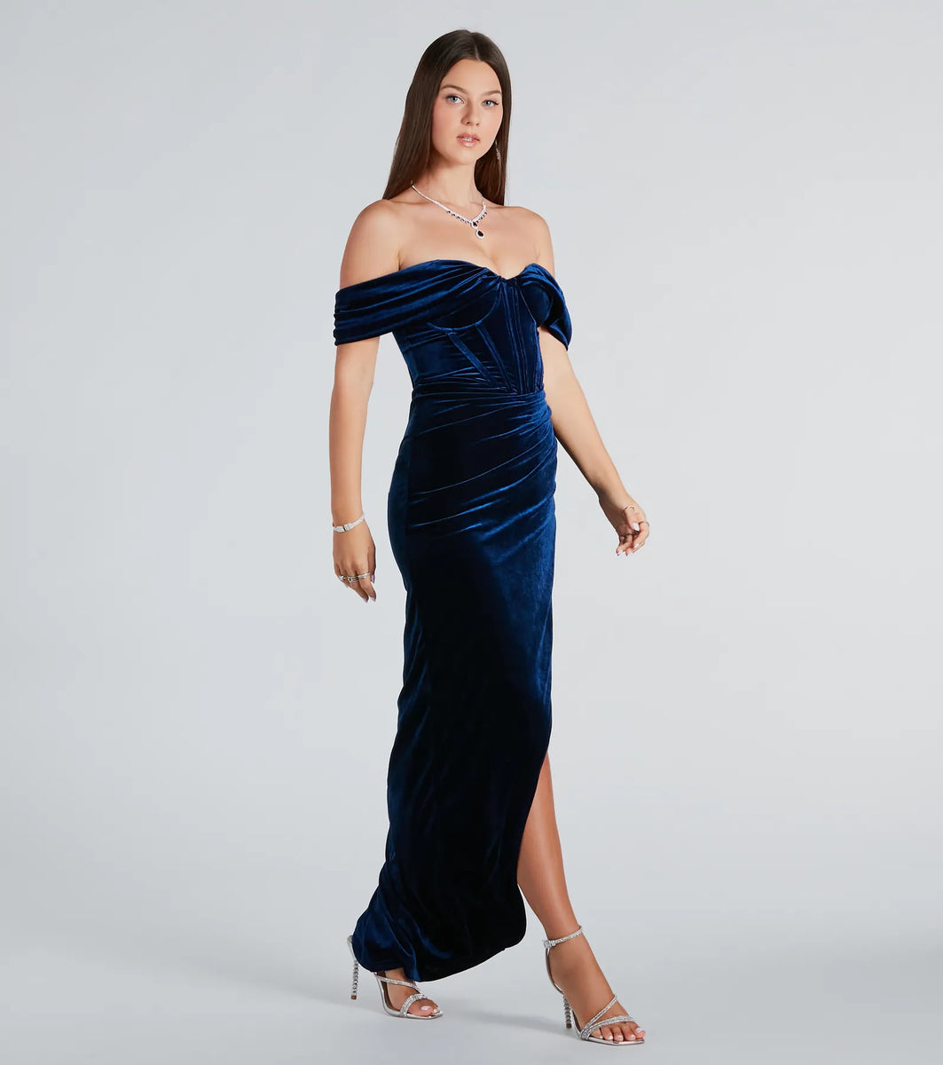 Alex Formal Velvet Bustier Off-The-Shoulder Dress & Windsor