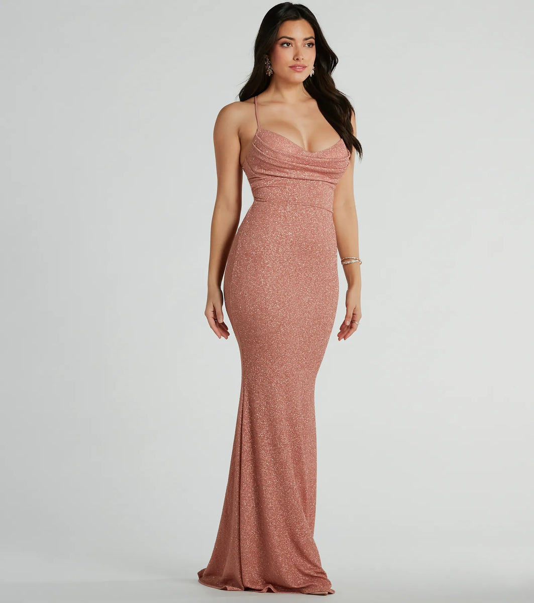Chelsea Cowl Neck Lace-Up Mermaid Glitter Dress | Windsor Chelsea Cowl Neck Lace-Up Mermaid Glitter Dress | Windsor