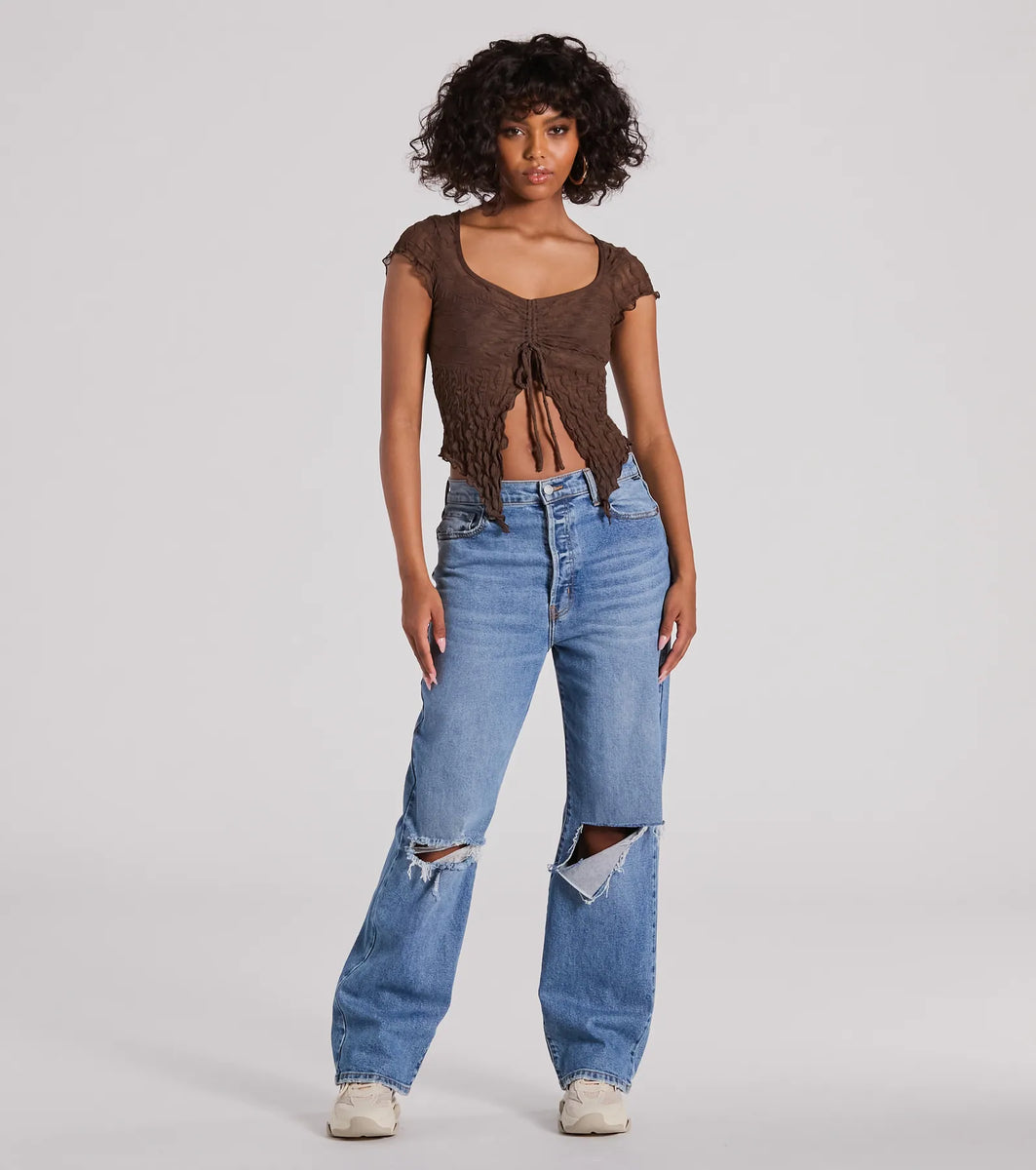 Flirty Expert Short Sleeve Slit Texture Crop Top & Windsor
