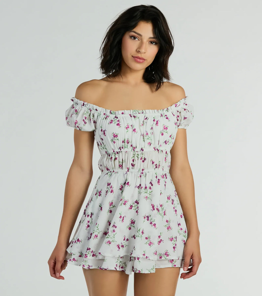 Cutest Vibe Puff Sleeve Floral Chiffon Romper And Windsor