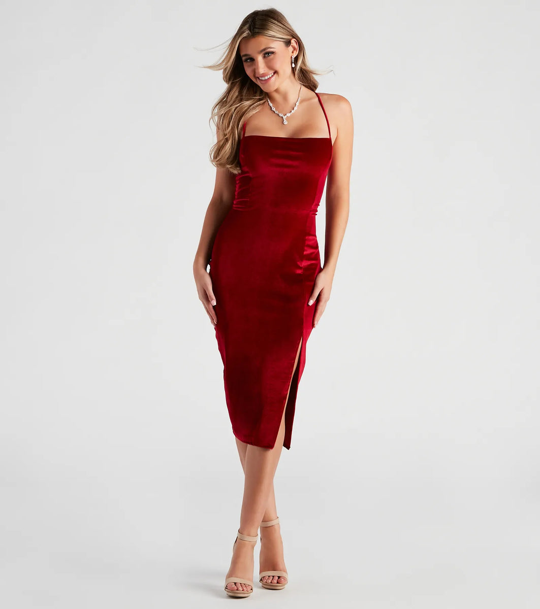 Kat Formal Velvet Slit Midi Dress & Windsor