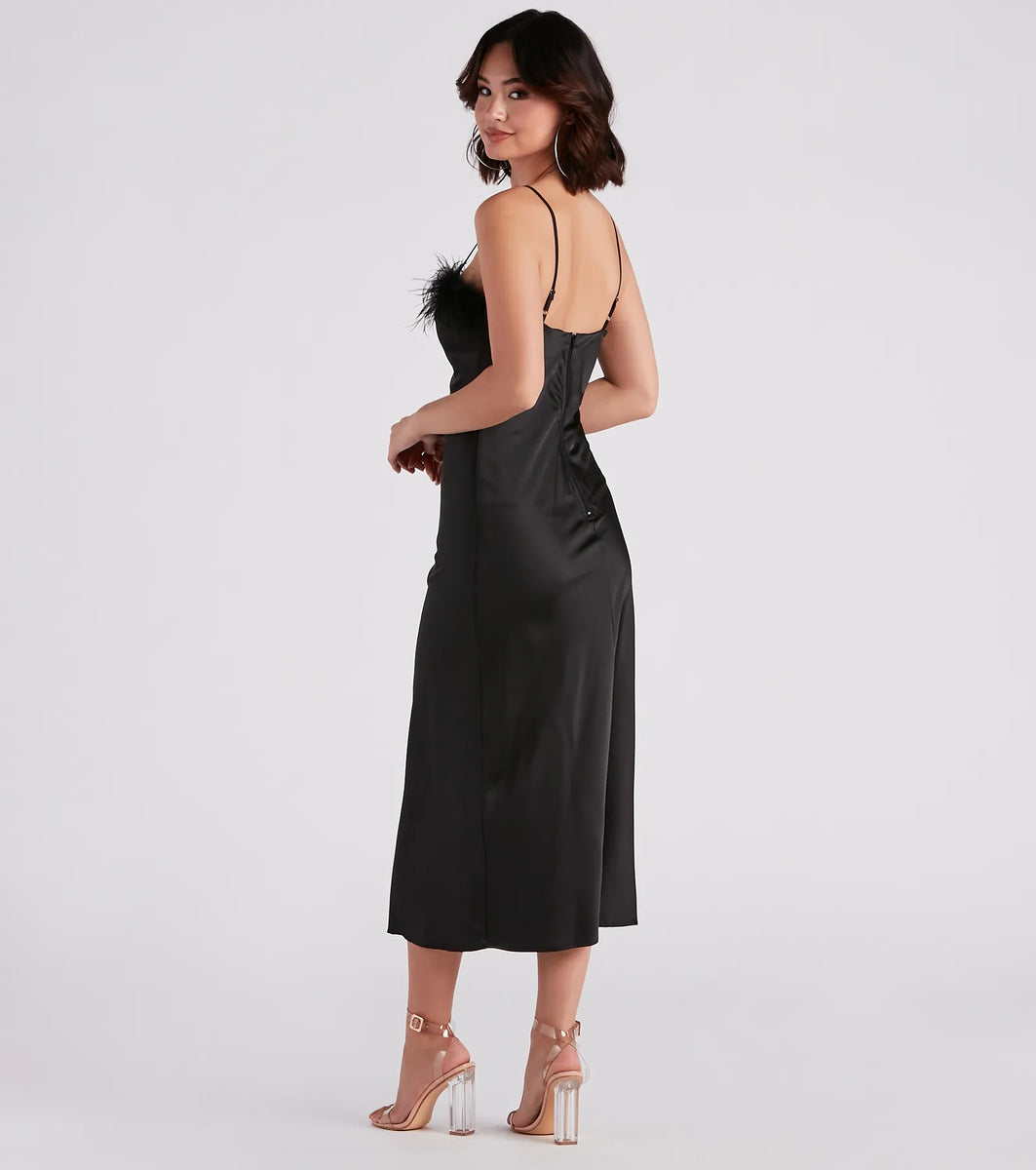 Lizzy Feather Trim Satin Slip Dress & Windsor