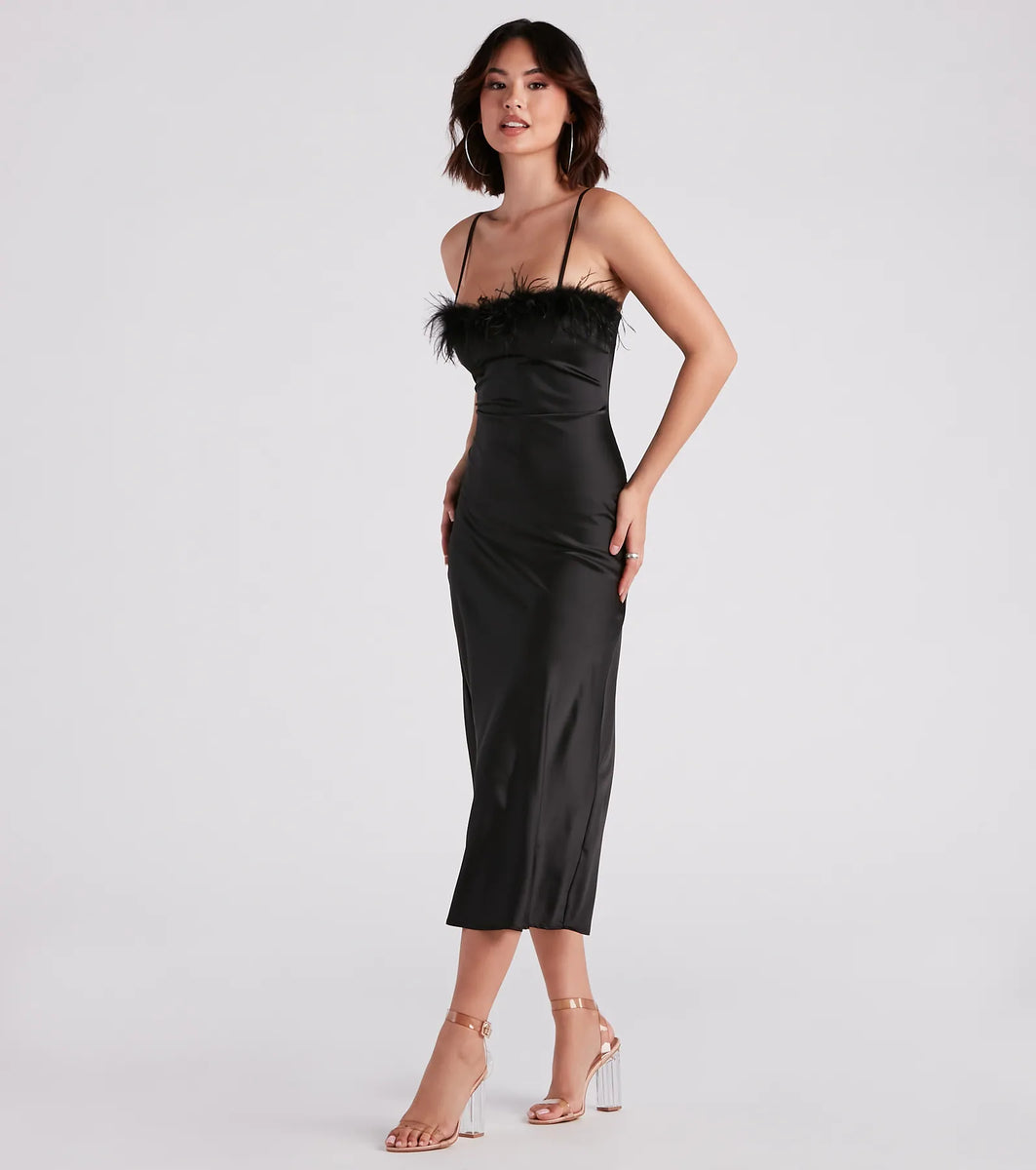 Lizzy Feather Trim Satin Slip Dress & Windsor