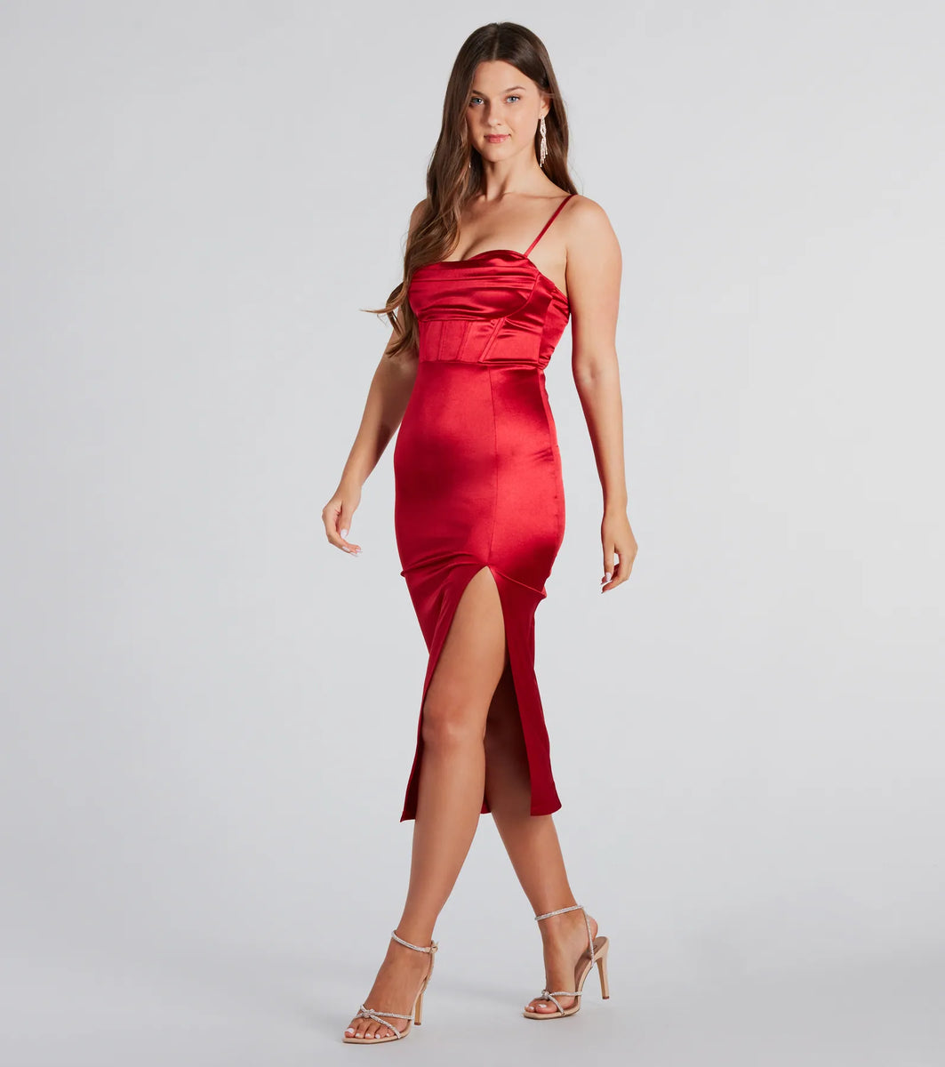 Alena Formal Satin Cowl Neck Midi Dress & Windsor
