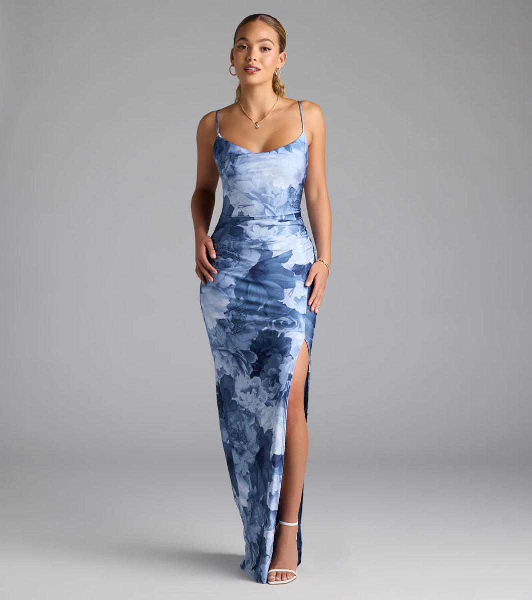 Isa Floral Cowl Neck Slit Formal Dress & Windsor