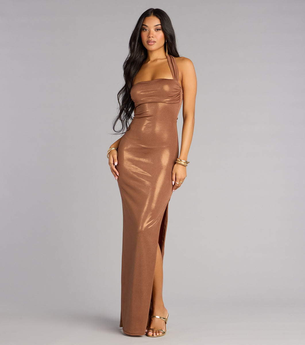 Tiana Metallic Halter Slit Formal Dress & Windsor