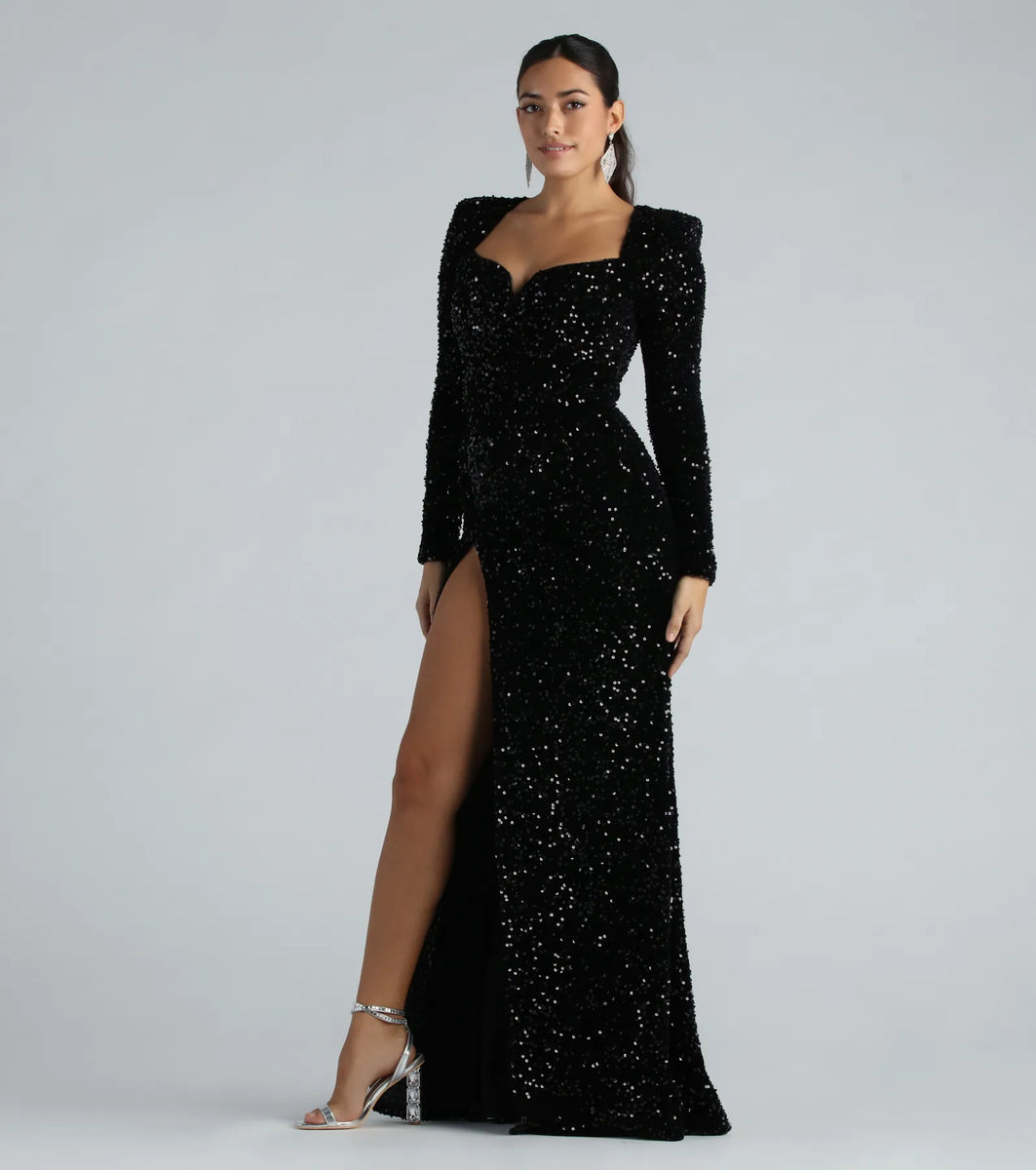 Trina Formal Velvet Sequin Long Sleeve A-Line Dress & Windsor