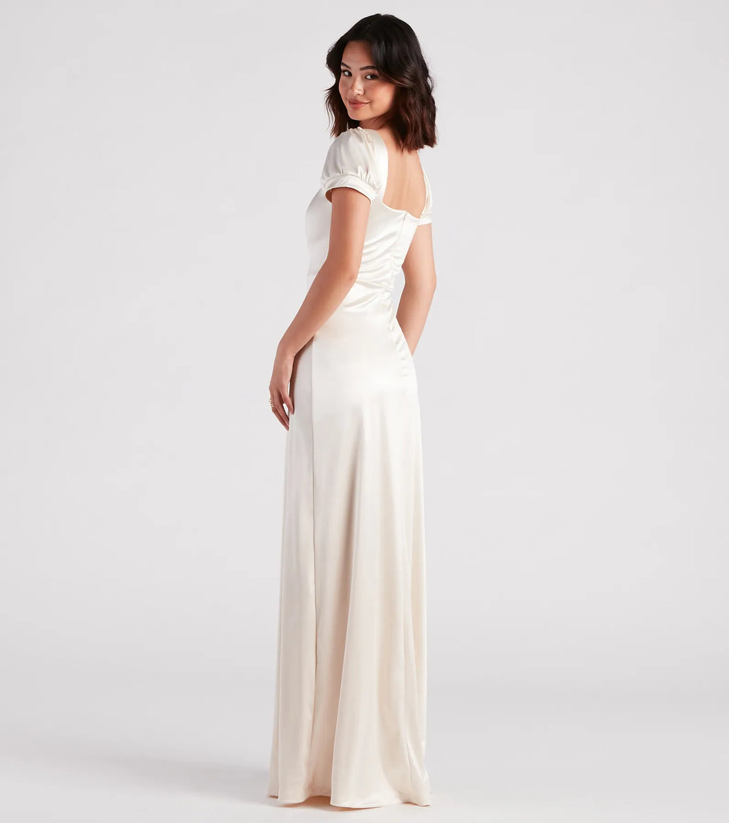 Emelia Satin Puff Sleeve High Slit Formal Dress & Windsor