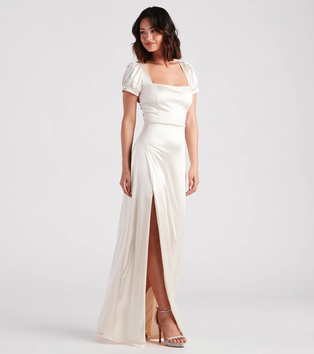 Emelia Satin Puff Sleeve High Slit Formal Dress & Windsor