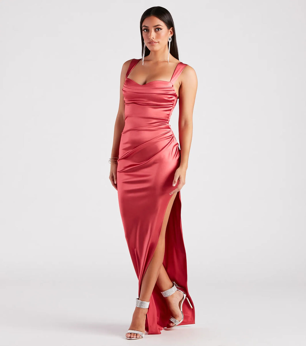 Kirsten Satin Cowl Neck High Slit Formal Dress And Windsor