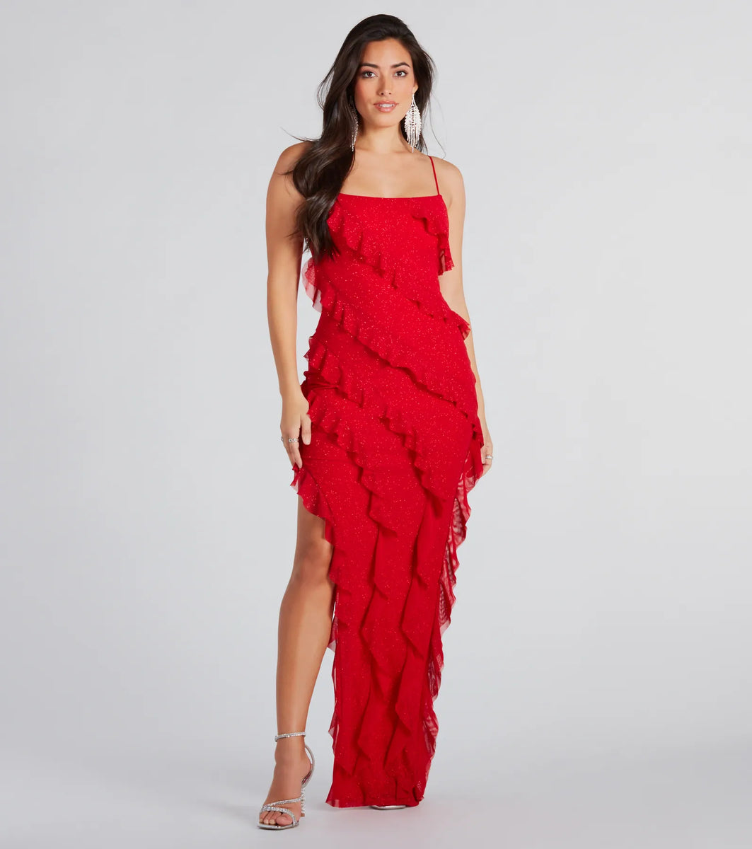 Janelle Ruffle High Slit Glitter Mesh Formal Dress & Windsor