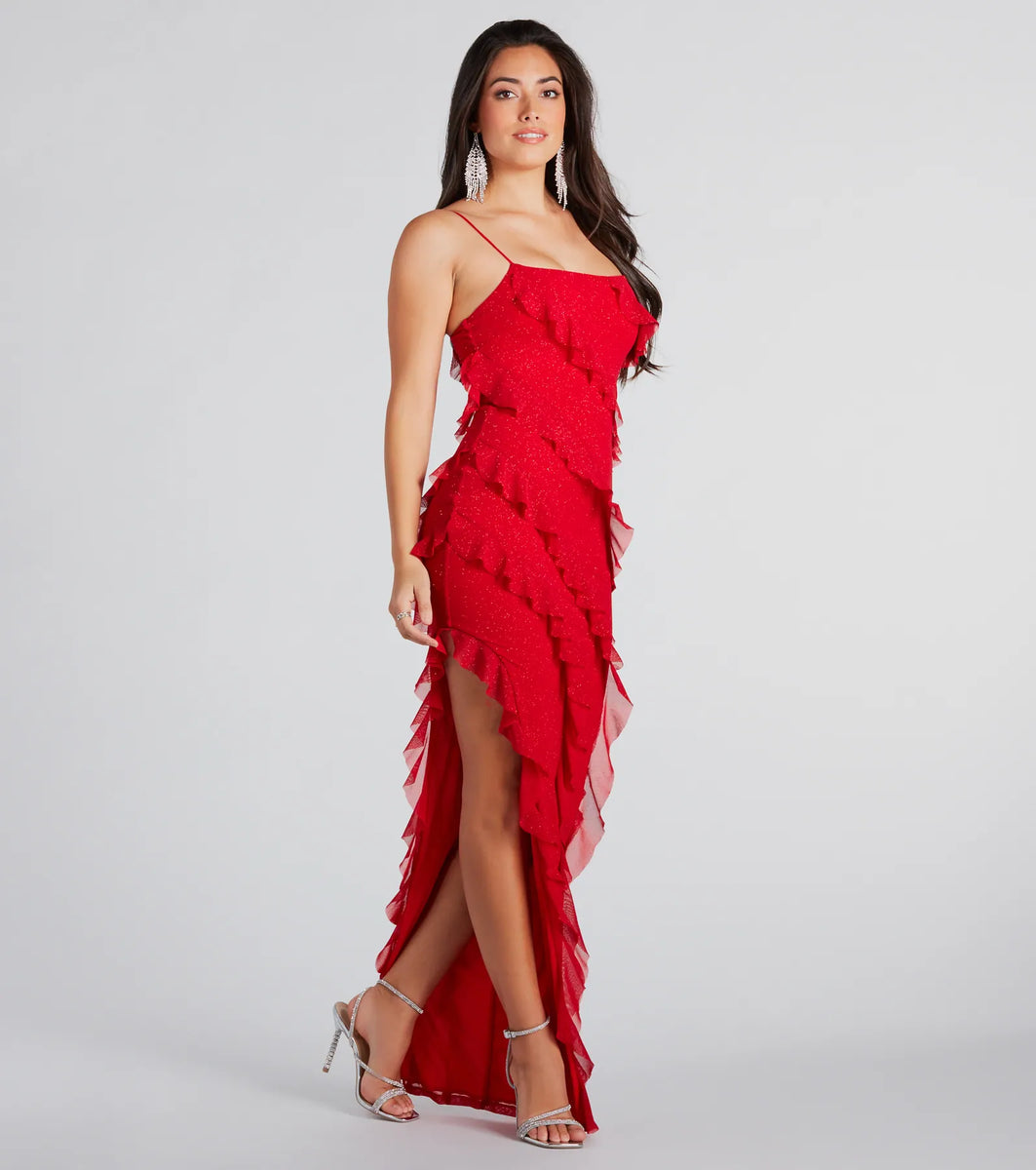 Janelle Ruffle High Slit Glitter Mesh Formal Dress & Windsor