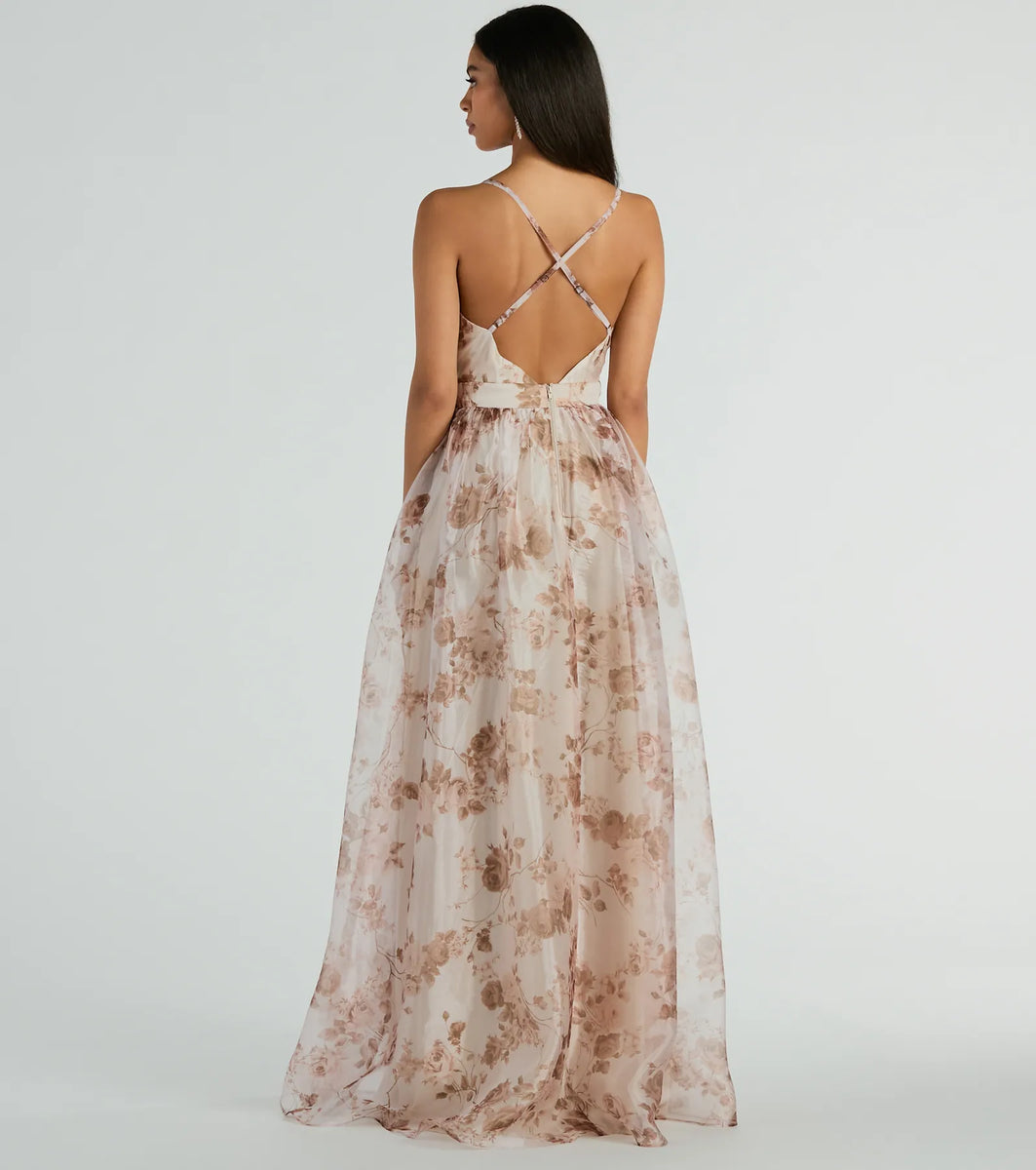Clarissa V-Neck Rose Floral A-Line Formal Gown & Windsor