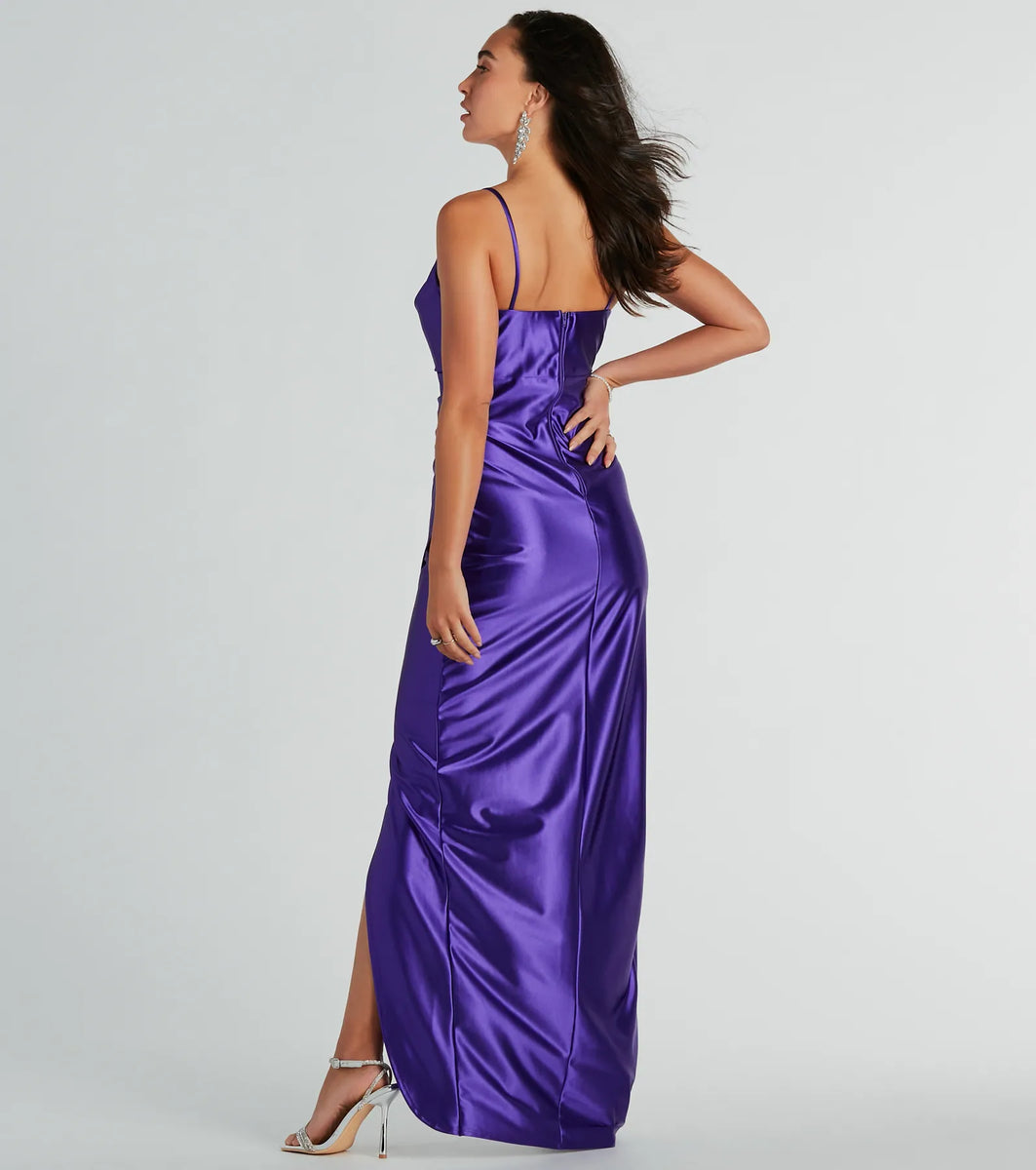 Stephanie Cowl Neck Wrap Satin Formal Dress & Windsor