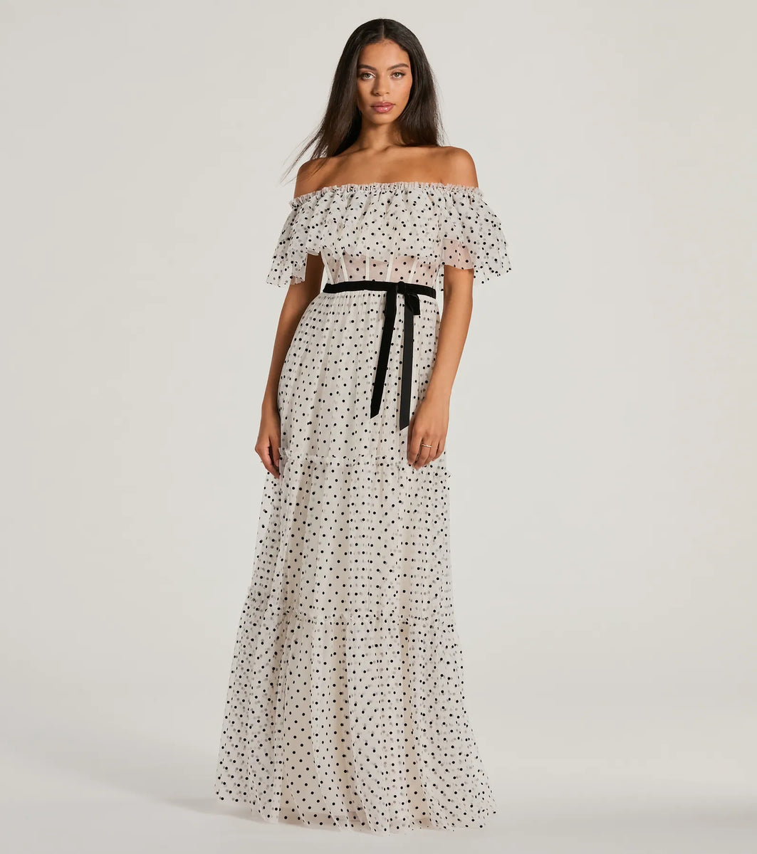 Aria Ruffled Off-The-Shoulder Polka Dot Mesh Formal Dress & Windsor