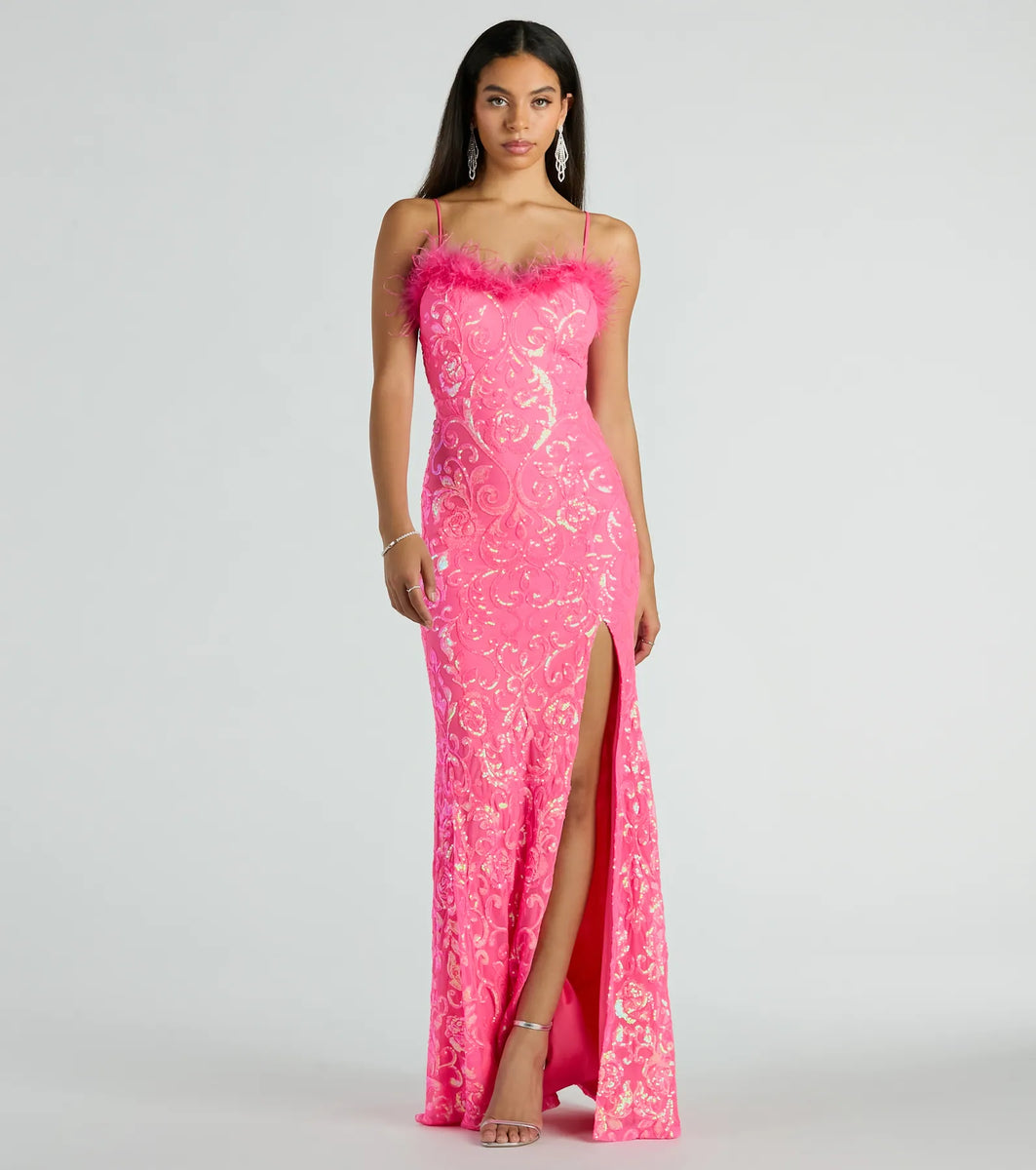 Cara Marabou Trim Mermaid Slit Sequin Formal Dress & Windsor