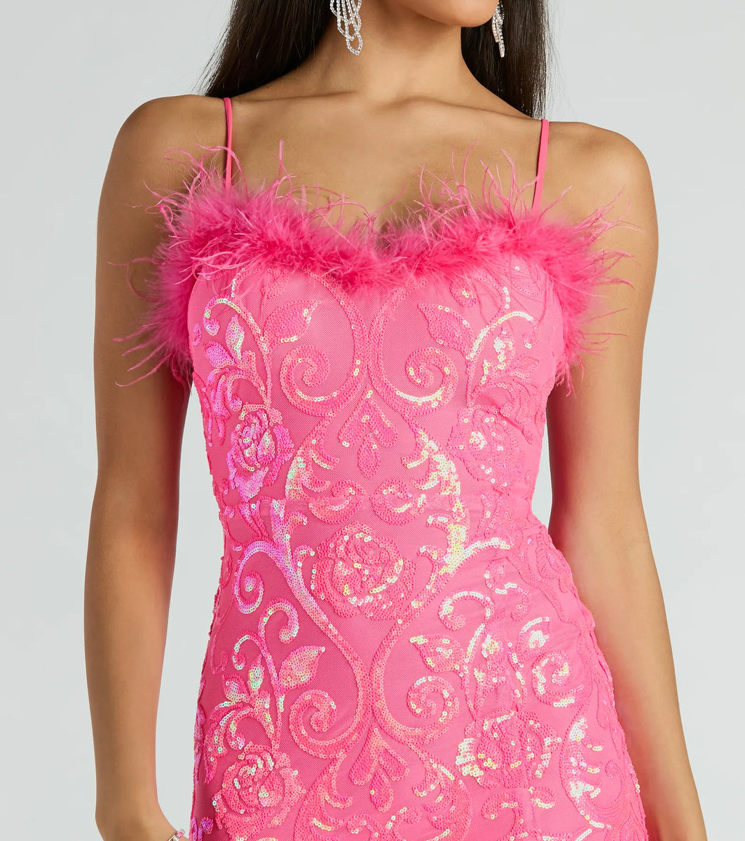 Cara Marabou Trim Mermaid Slit Sequin Formal Dress & Windsor