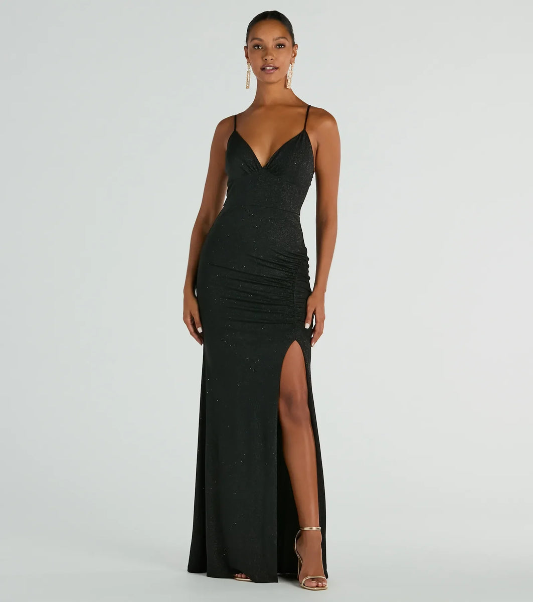 Melinda V-Neck Slit Mermaid Glitter Formal Dress & Windsor