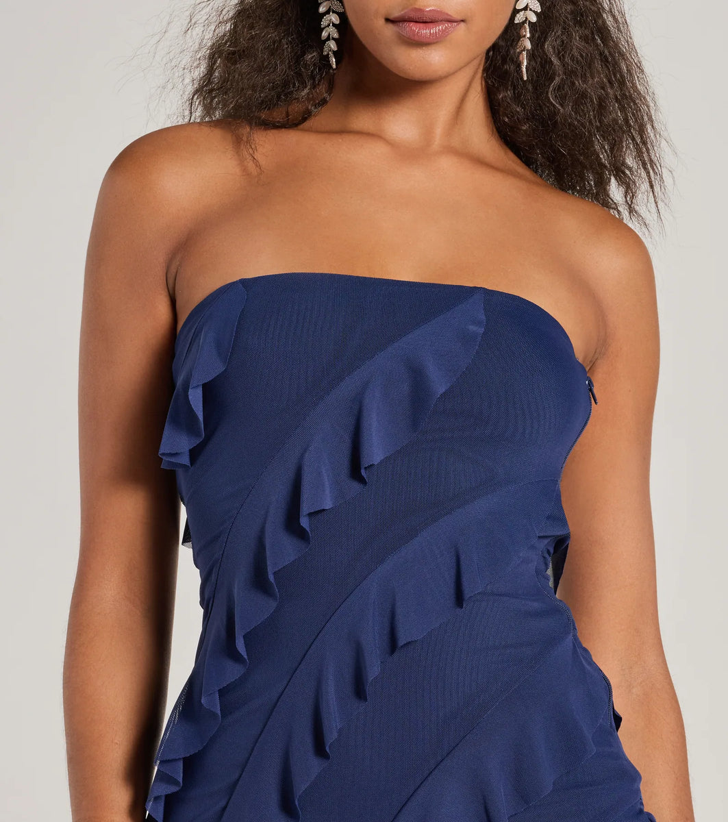 Gabby Formal Mesh Strapless Ruffle Long Dress & Windsor