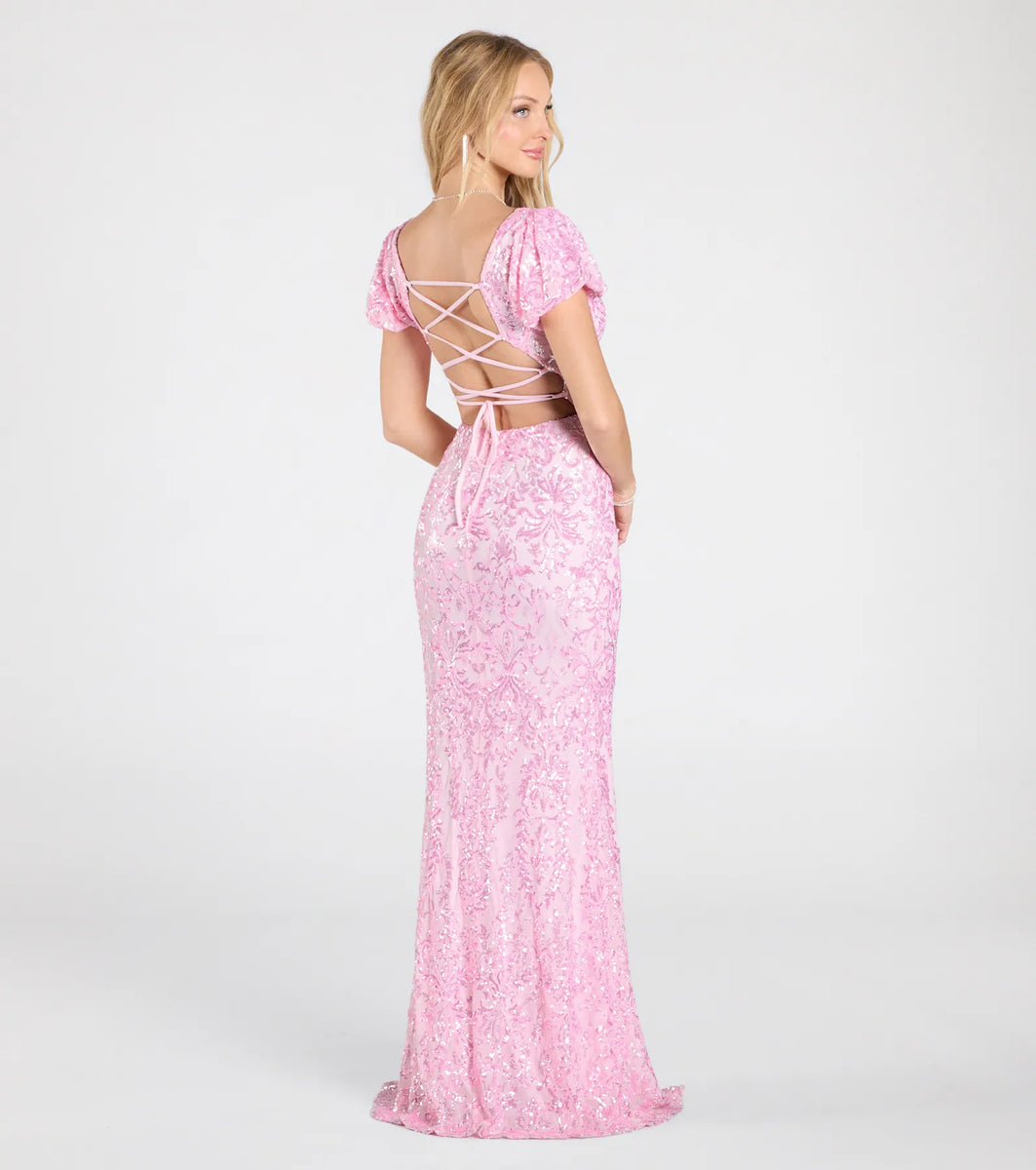 Amber Puff Sleeve Lace-Up Slit Sequin Formal Dress & Windsor