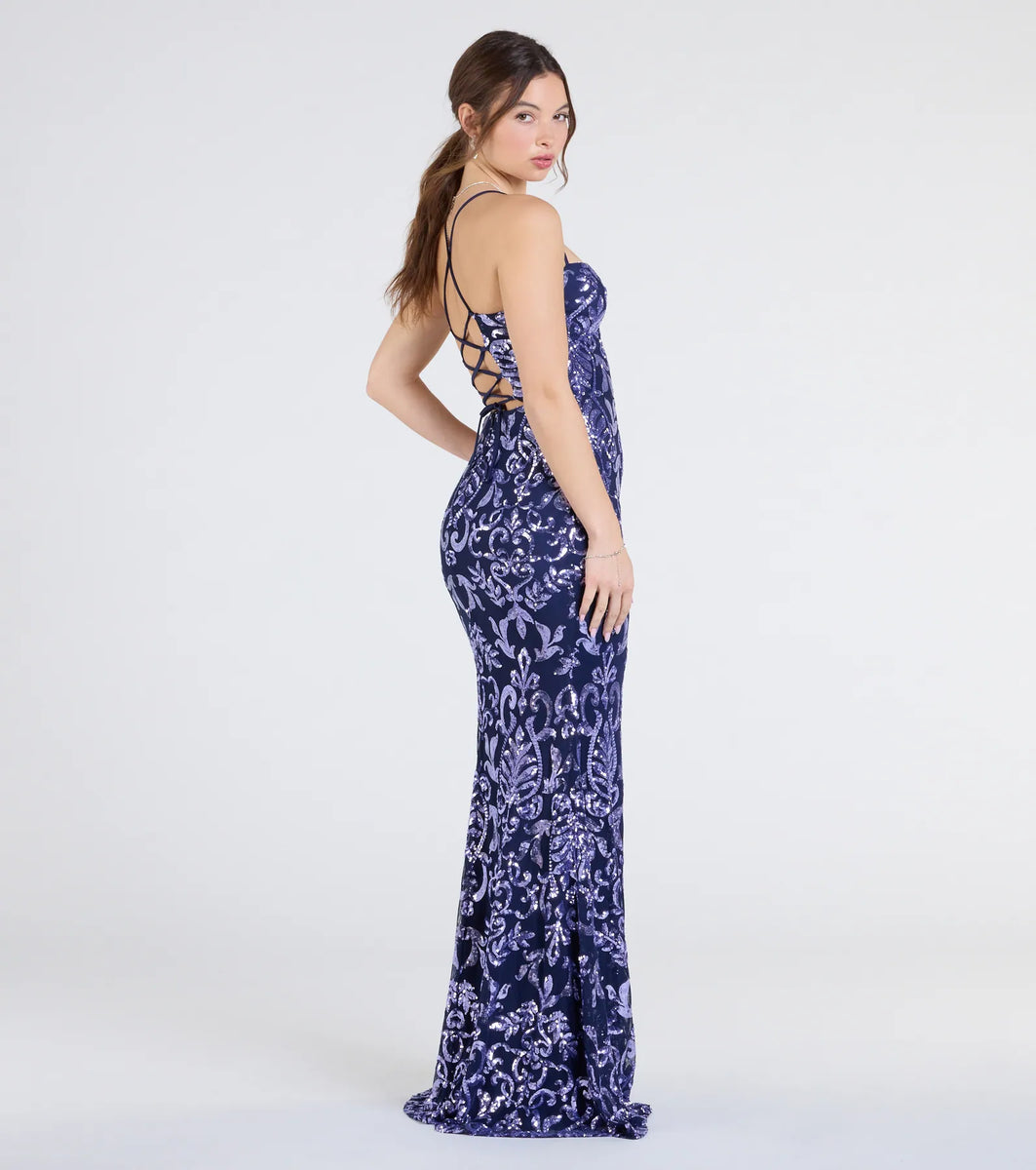 Shelby Lace-Up Slit Sequin Formal Dress & Windsor