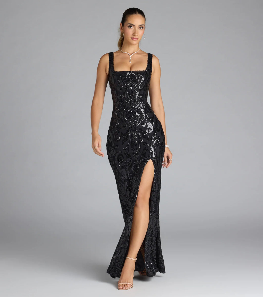 Taylor Lace-Up Slit Sequin Formal Dress & Windsor