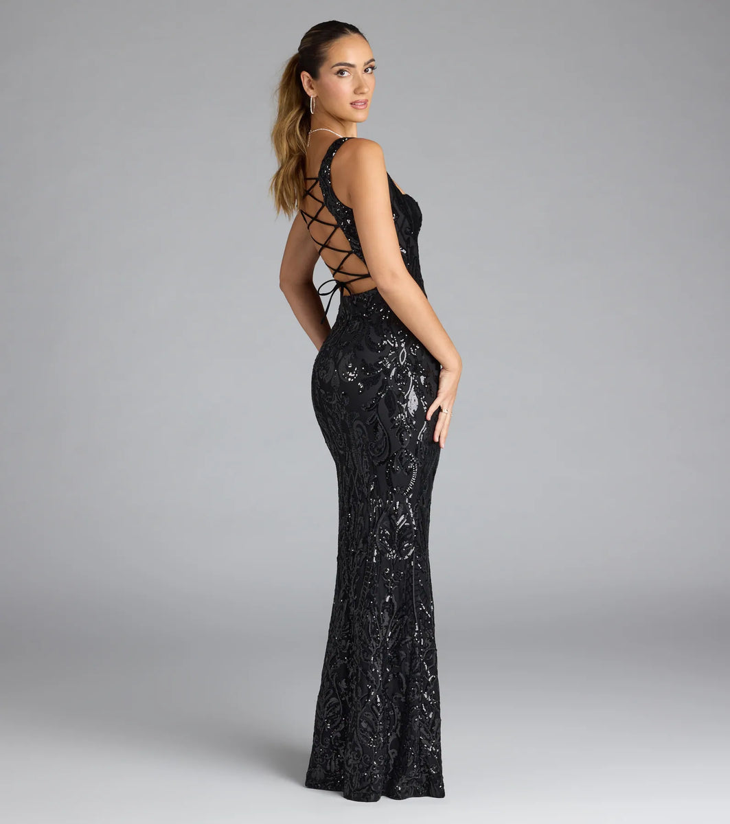 Taylor Lace-Up Slit Sequin Formal Dress & Windsor