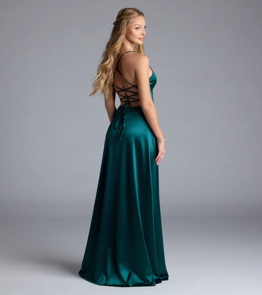 Lynnea Lace-Up Slit A-Line Satin Formal Dress & Windsor