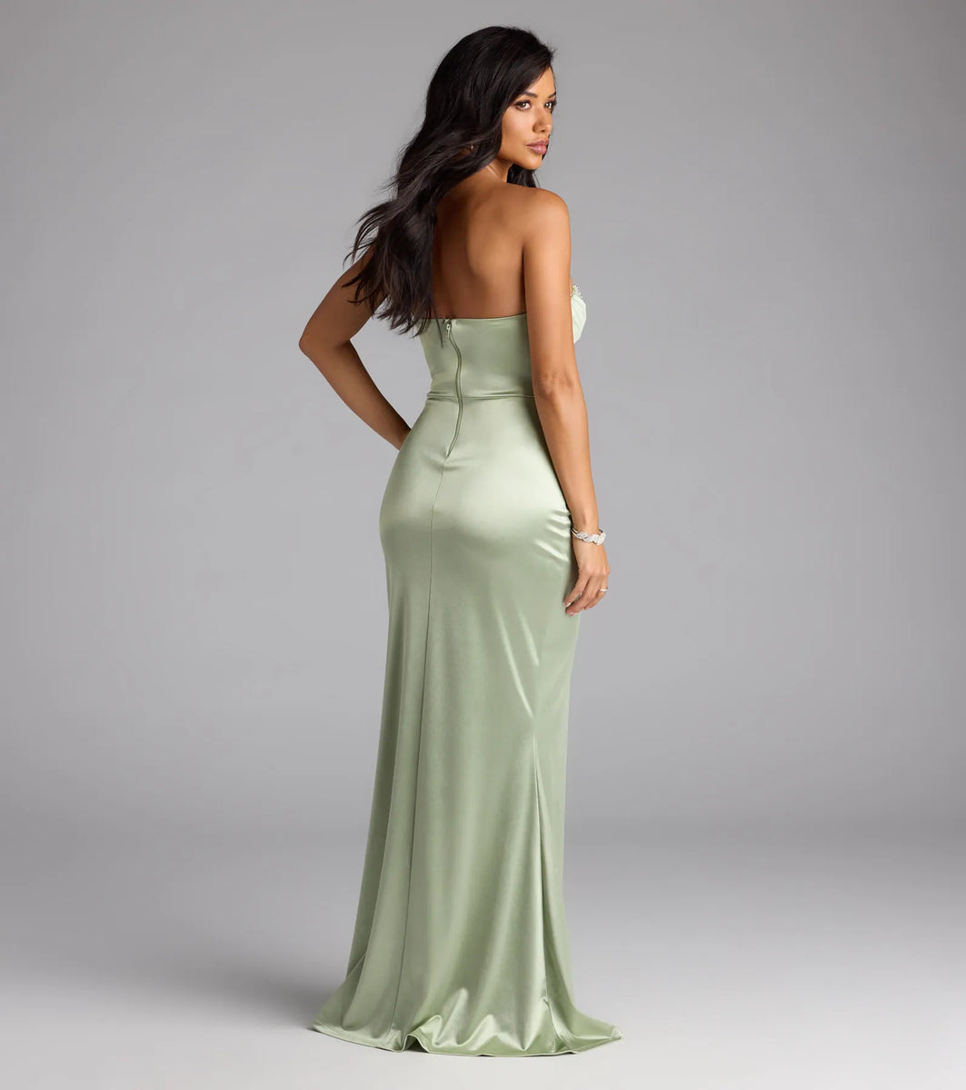 Loren Pearl Corset Slit Satin Formal Dress & Windsor