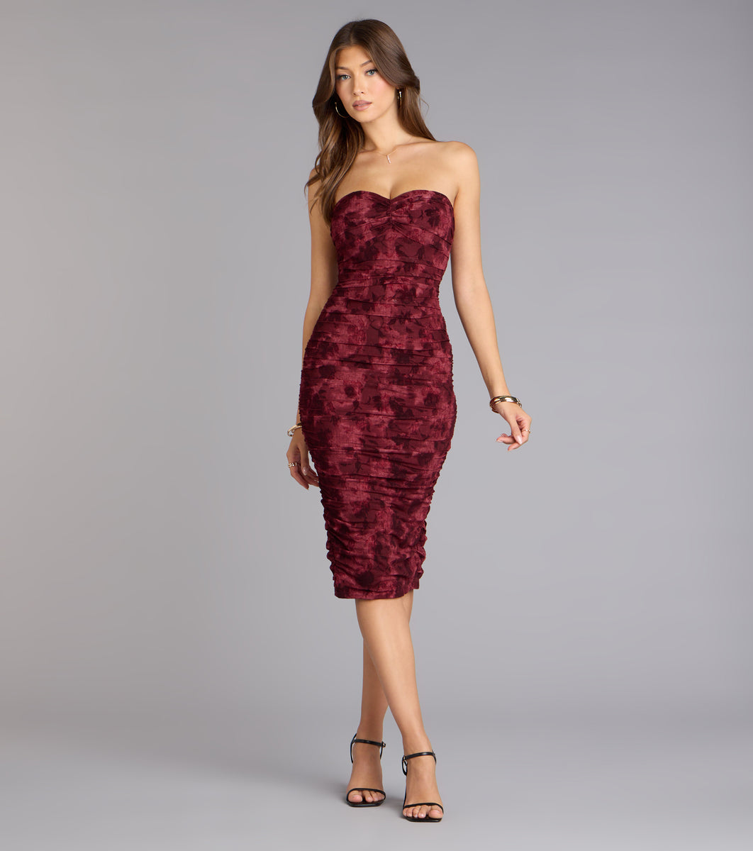 Velvet Bloom Flocked Floral Strapless Midi Dress & Windsor