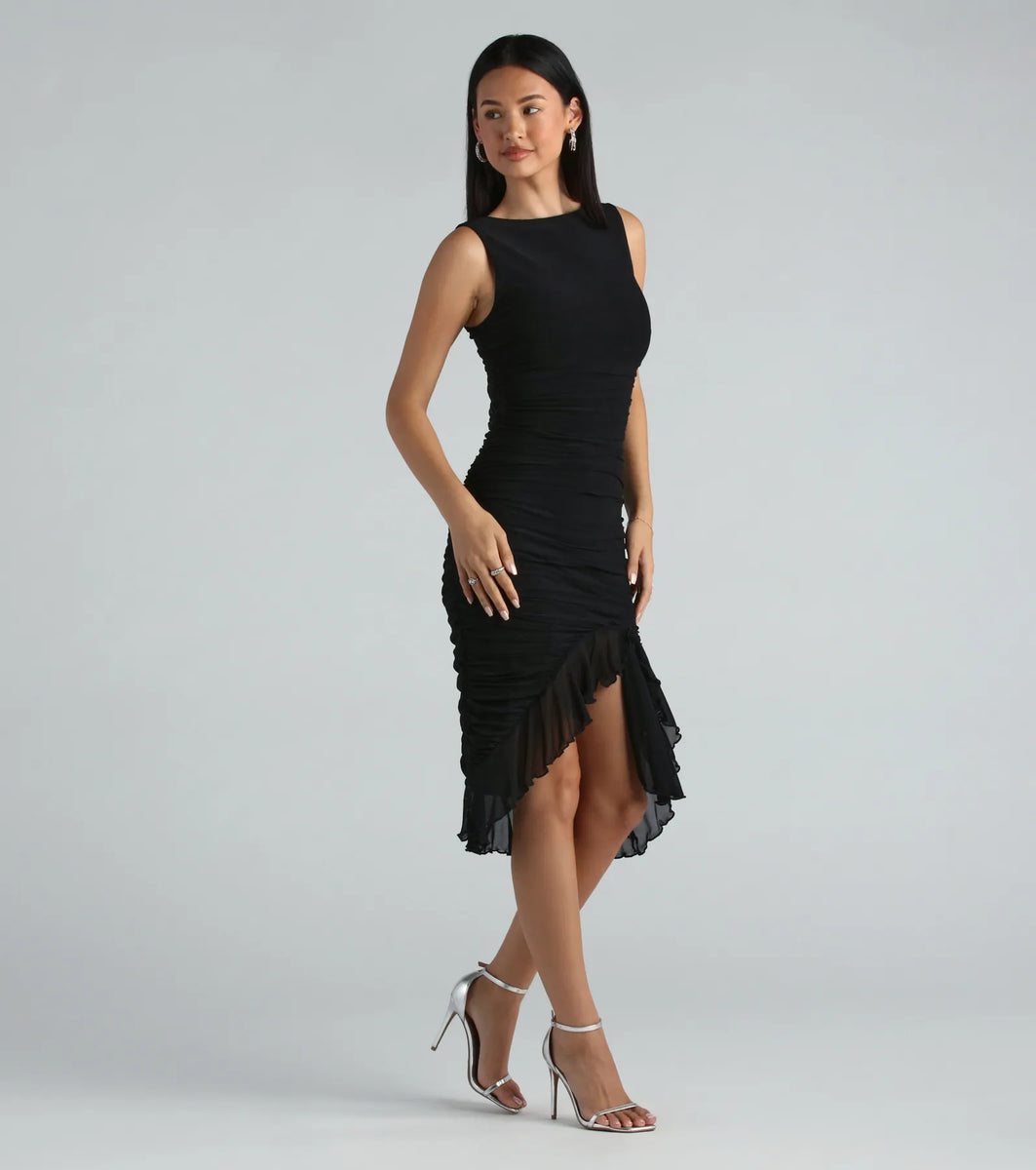 Casey Formal Mesh High Neck Ruffle Midi Dress & Windsor