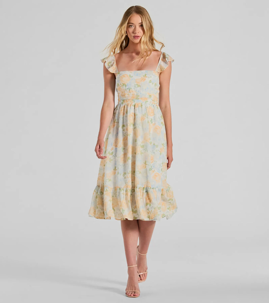 Delightfully Chic Ruffled Floral Chiffon Midi Dress & Windsor