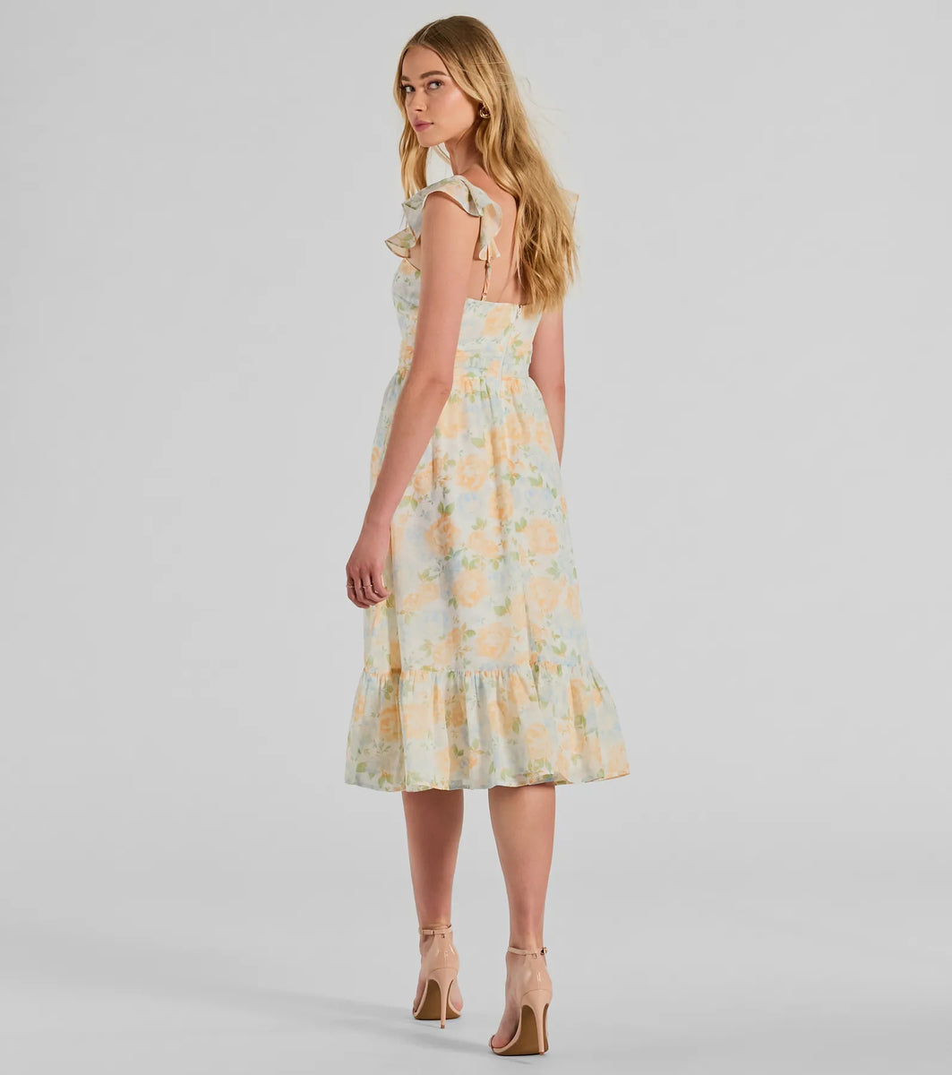 Delightfully Chic Ruffled Floral Chiffon Midi Dress & Windsor