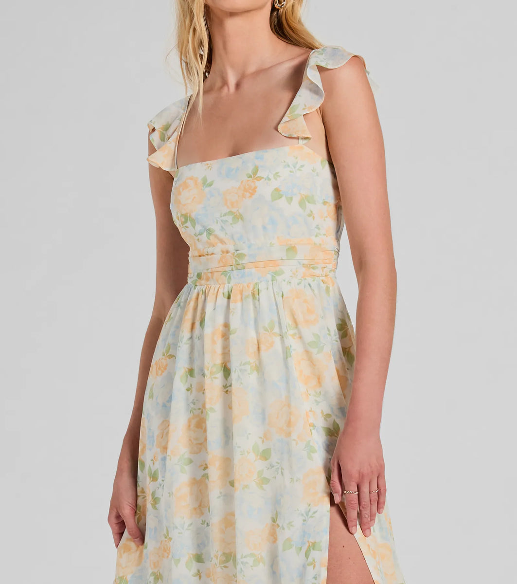 Delightfully Chic Ruffled Floral Chiffon Midi Dress & Windsor