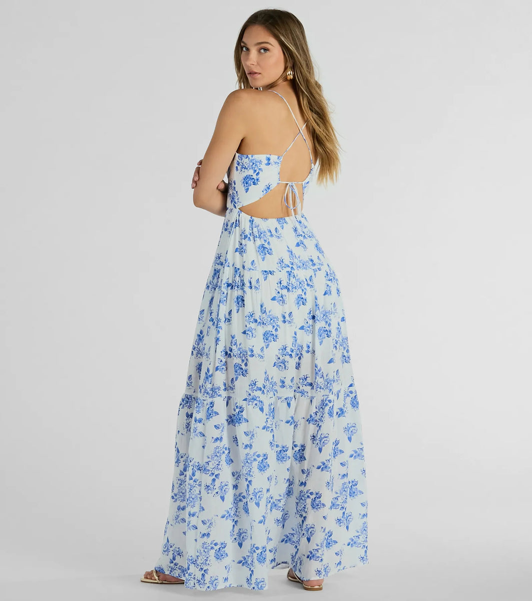 Charming Vibe Tie-Back Flowy Floral Woven Maxi Dress & Windsor