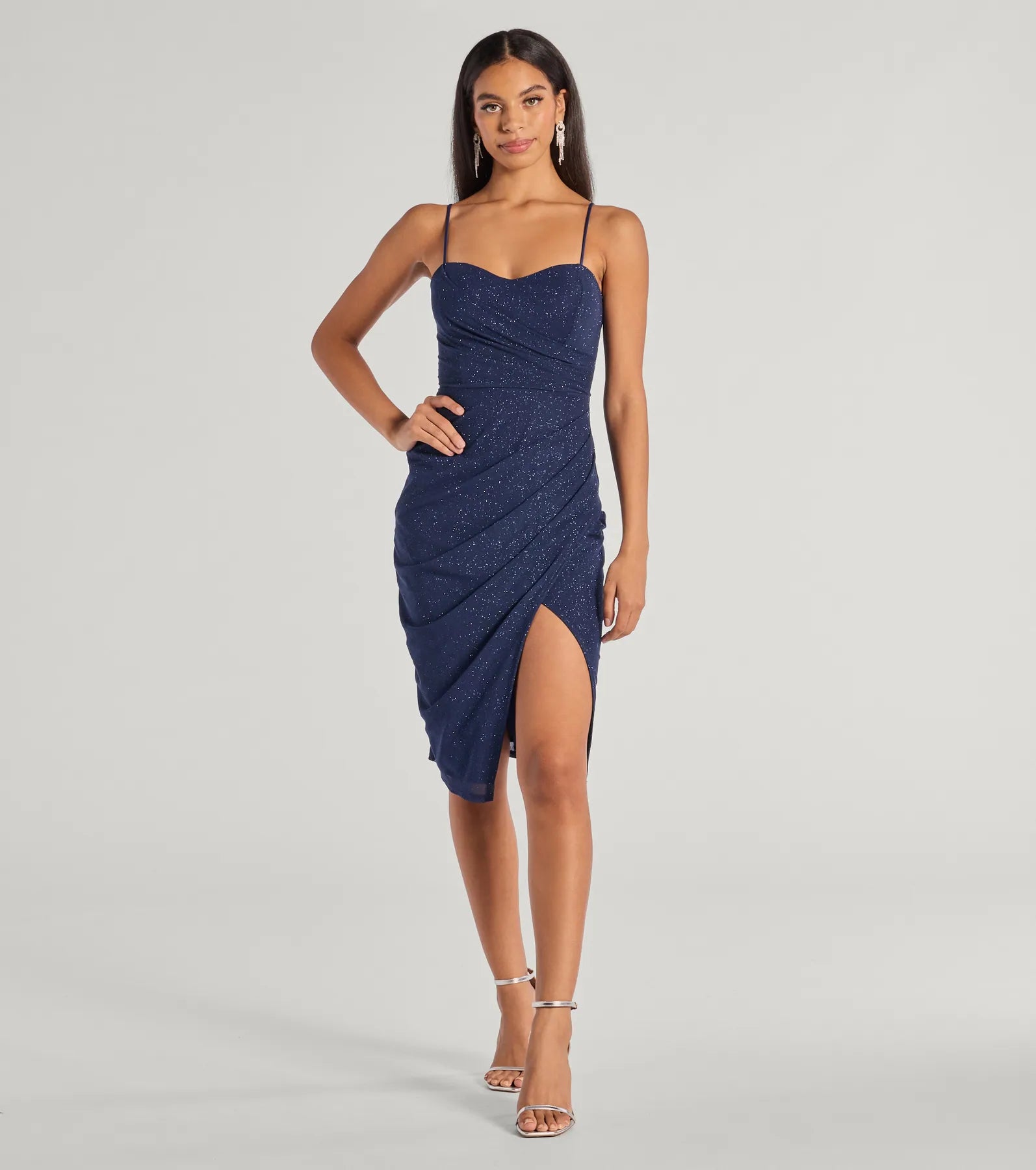 Glitz And Glimmer Glitter Mesh Wrap-Front Midi Dress | Windsor Glitz And Glimmer Glitter Mesh Wrap-Front Midi Dress | Windsor