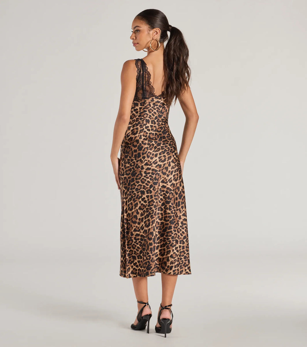 Sleek Leopard Print Lace And Satin Midi Dress & Windsor