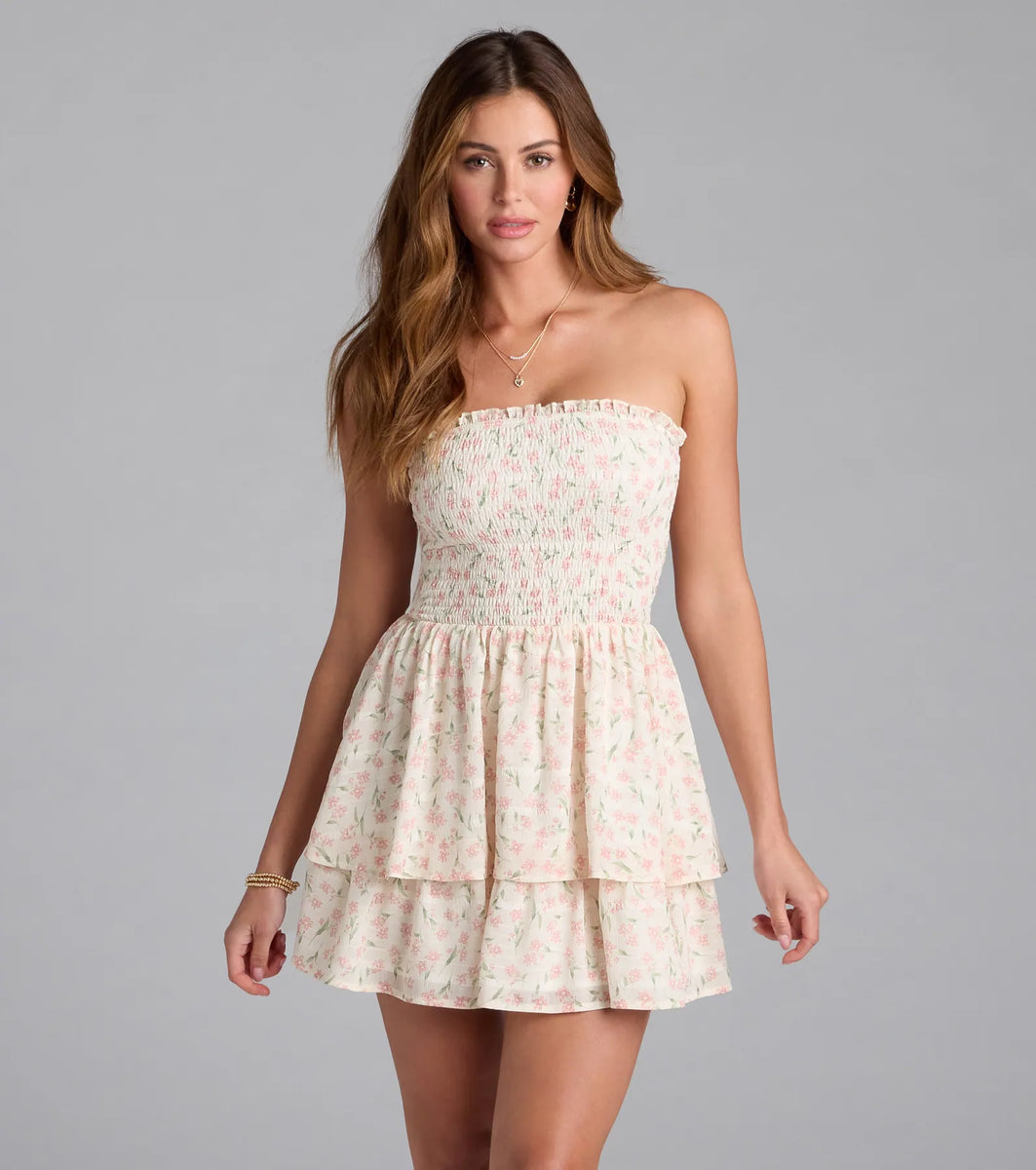 Floral Charm Ruffled Chiffon Tube Skater Dress & Windsor