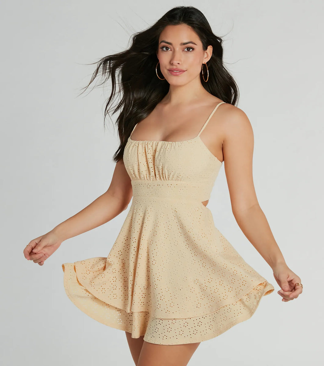Simply Sunny Scoop Neck Skater Eyelet Mini Dress & Windsor
