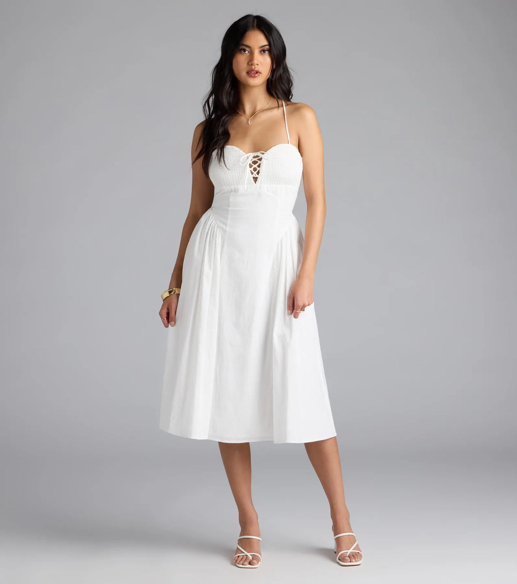 Easy And Breezy Lace-Up Midi Dress With Pockets & Windsor