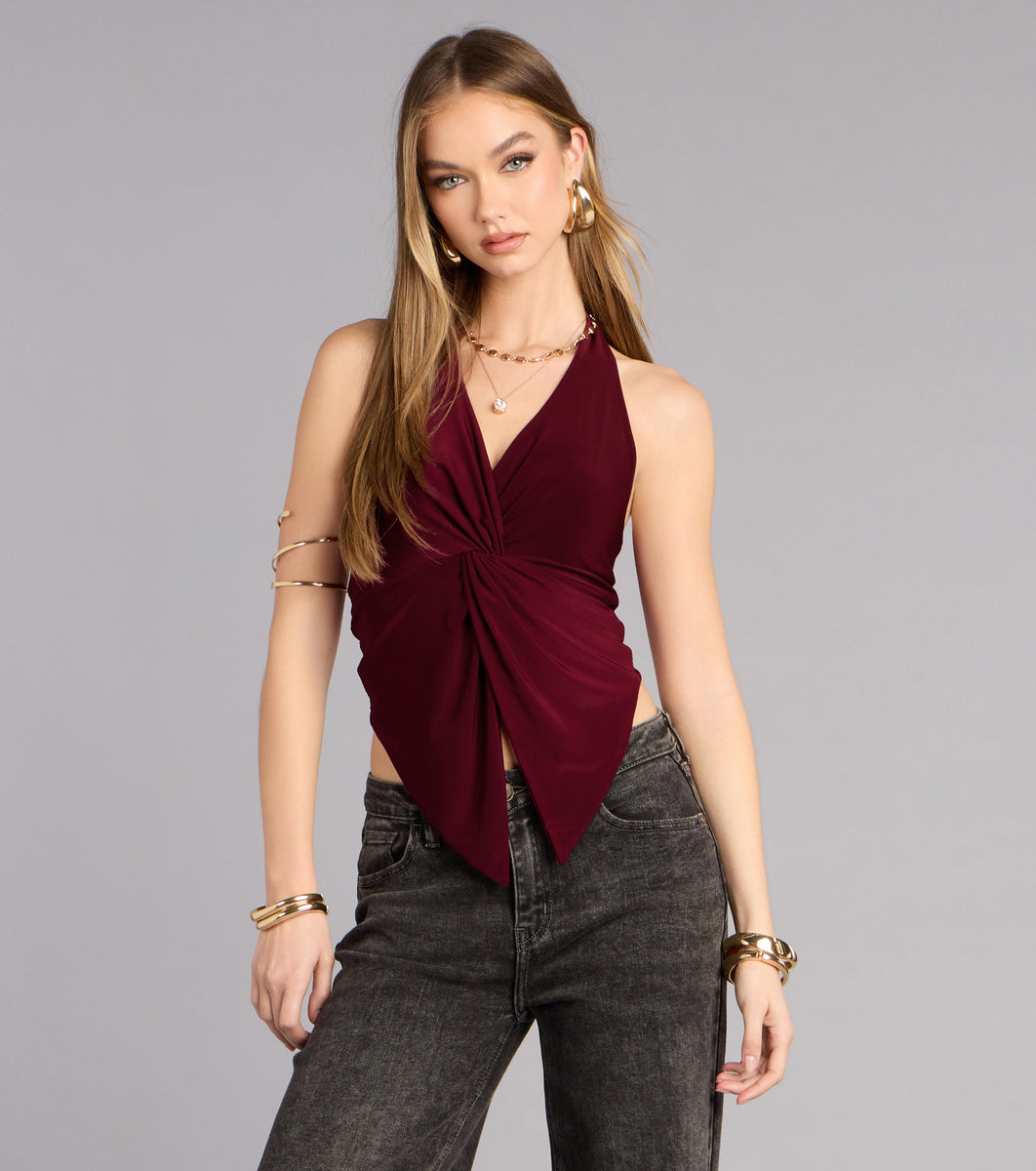 Sculpted And Sultry Twist-Front Halter Top & Windsor