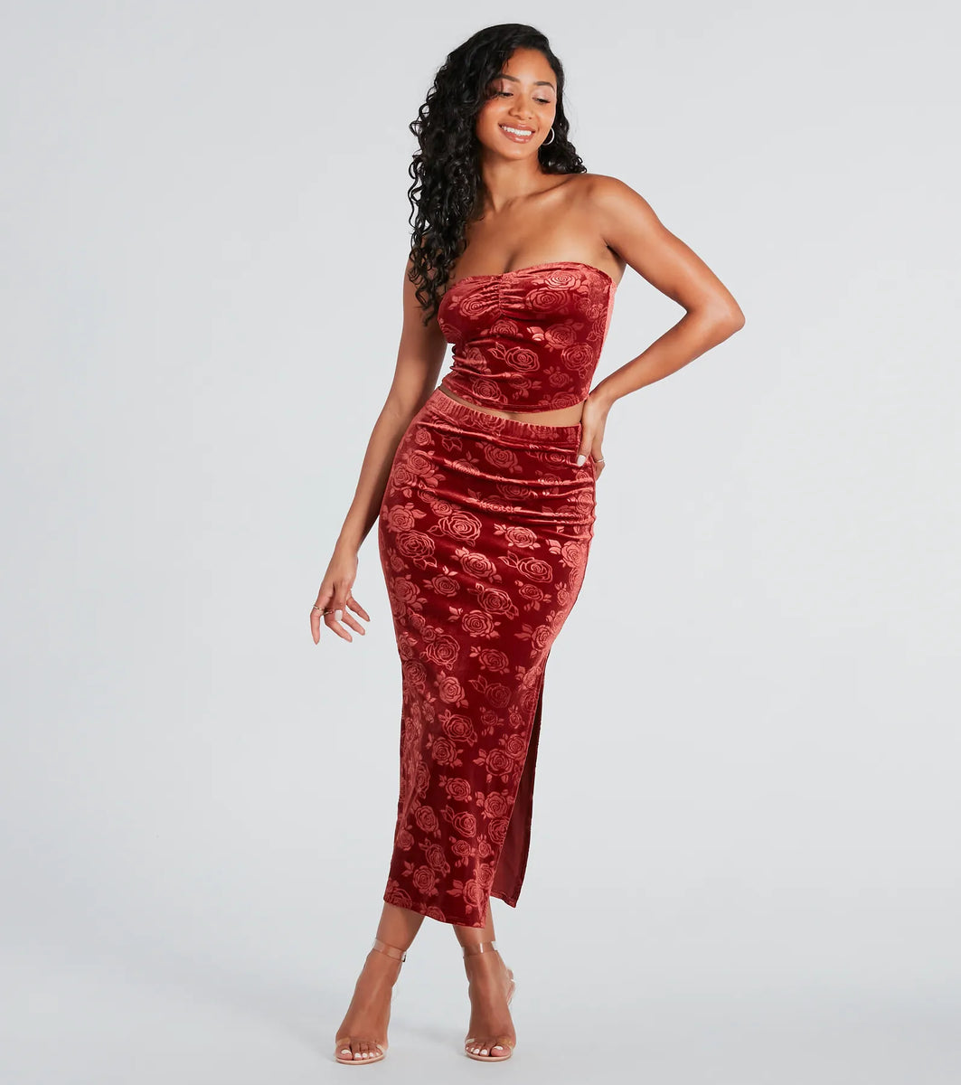 Loves Me Velvet Floral Strapless Crop Top & Windsor