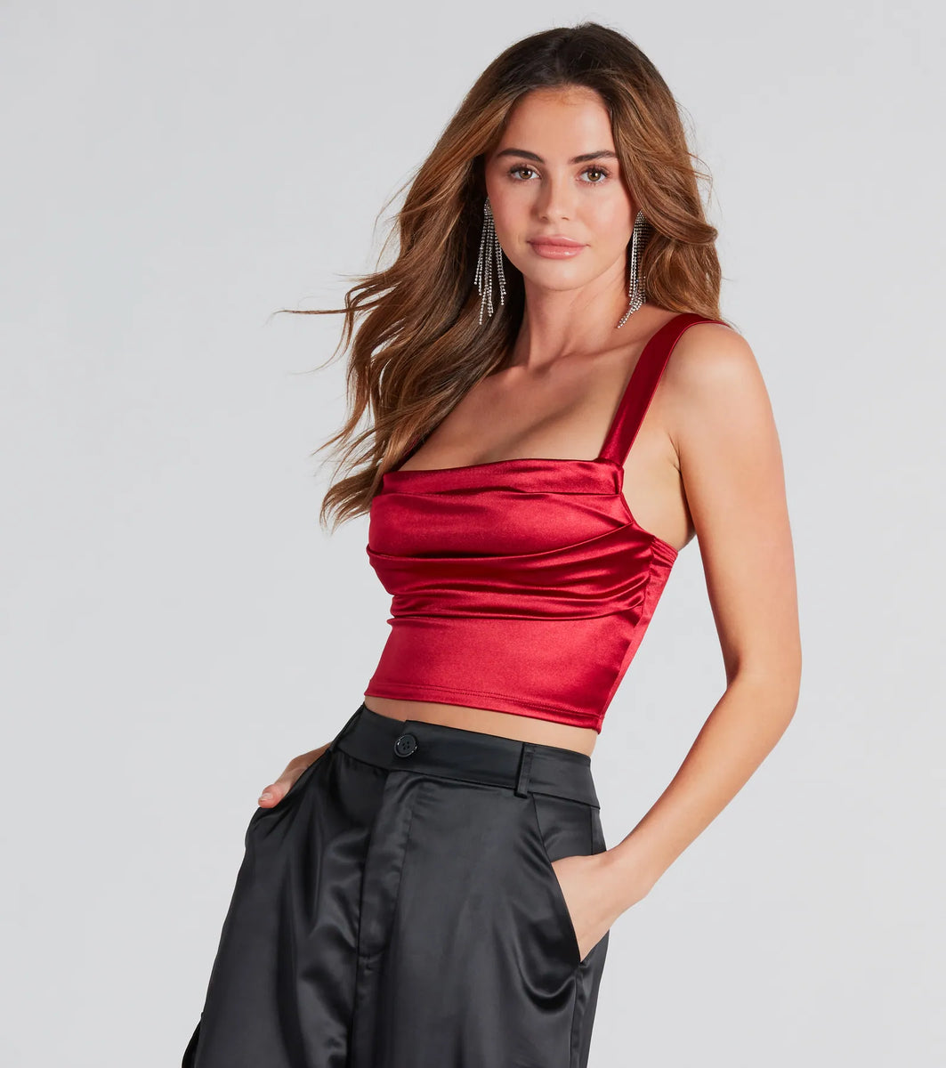 Sleek Stunner Ruched Satin Crop Top & Windsor