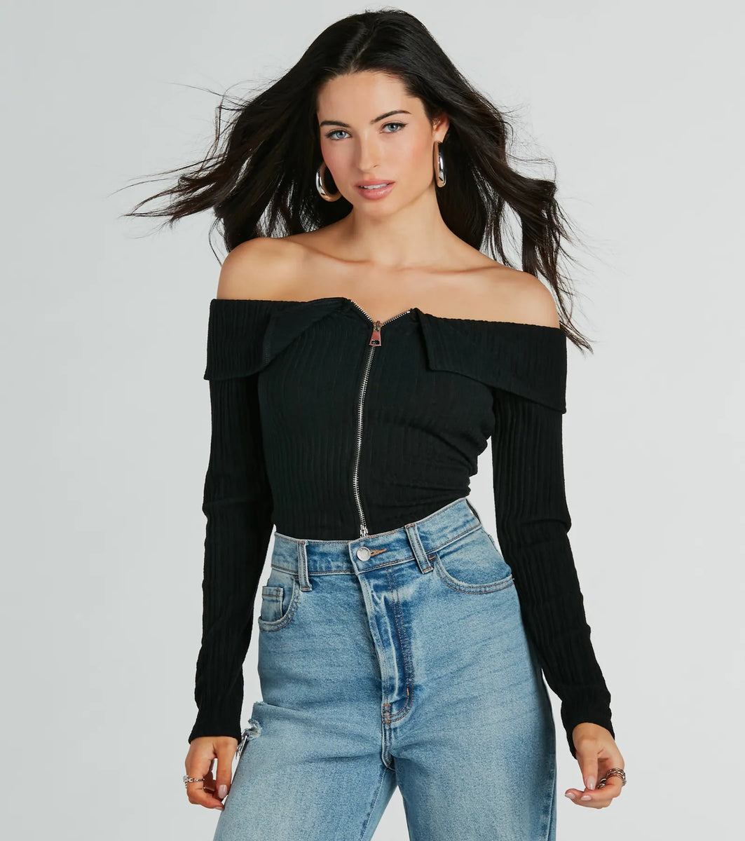 Cutely Charming Off-The-Shoulder Zipper Top & Windsor