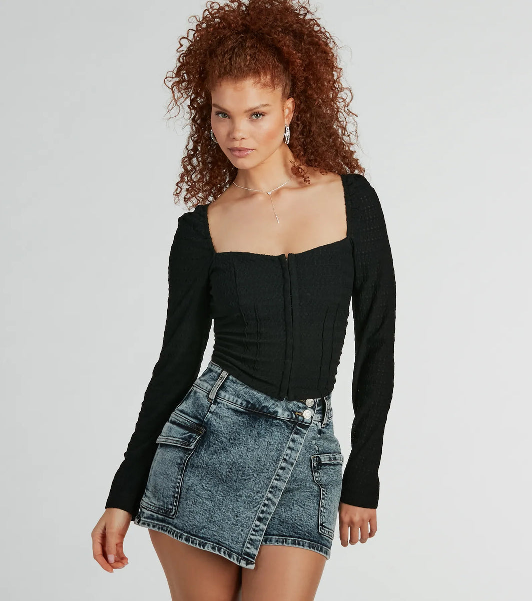 Sweet 'Fit Long Sleeve Textured Knit Corset Top & Windsor