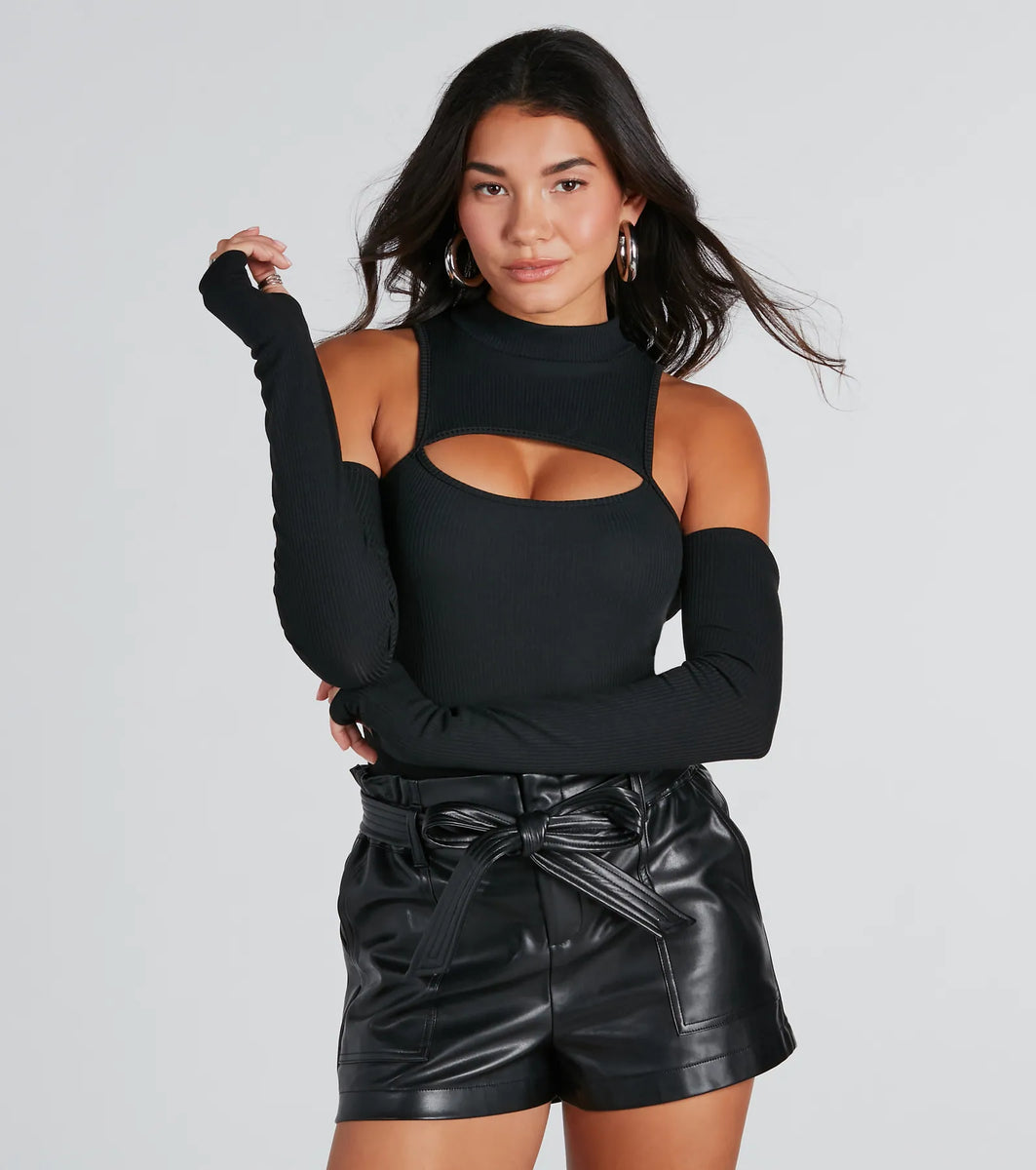 Catch Glances Mock Neck Cold-Shoulder Bodysuit & Windsor