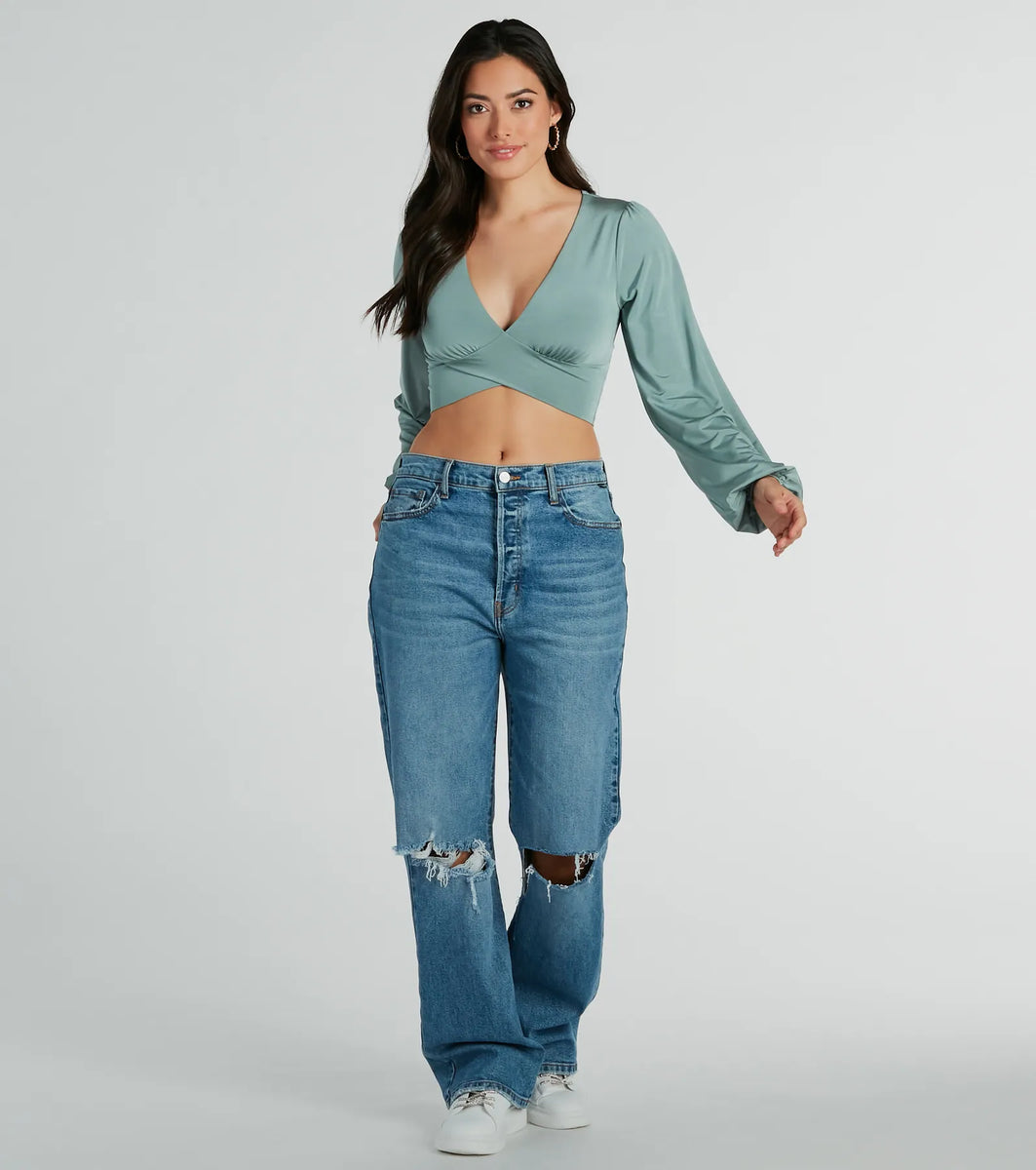 Smooth Talkin' Long Sleeve V-Neck Crop Blouse & Windsor