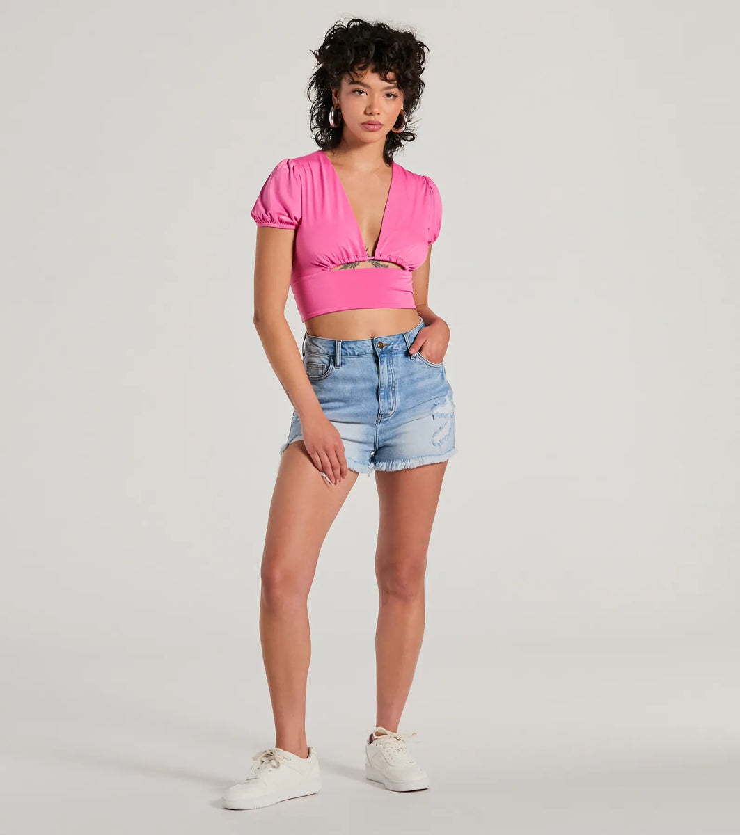 Simply Adorable Puff Sleeve Cutout Crop Top & Windsor