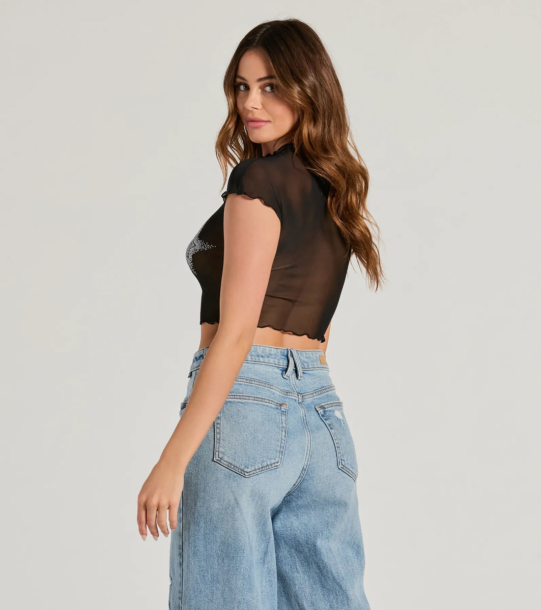 Born Star Rhinestone Sheer Mesh Crop Top & Windsor