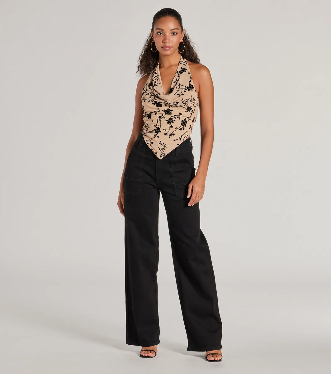 Bold Romance Flocked Floral Print Halter Top & Windsor